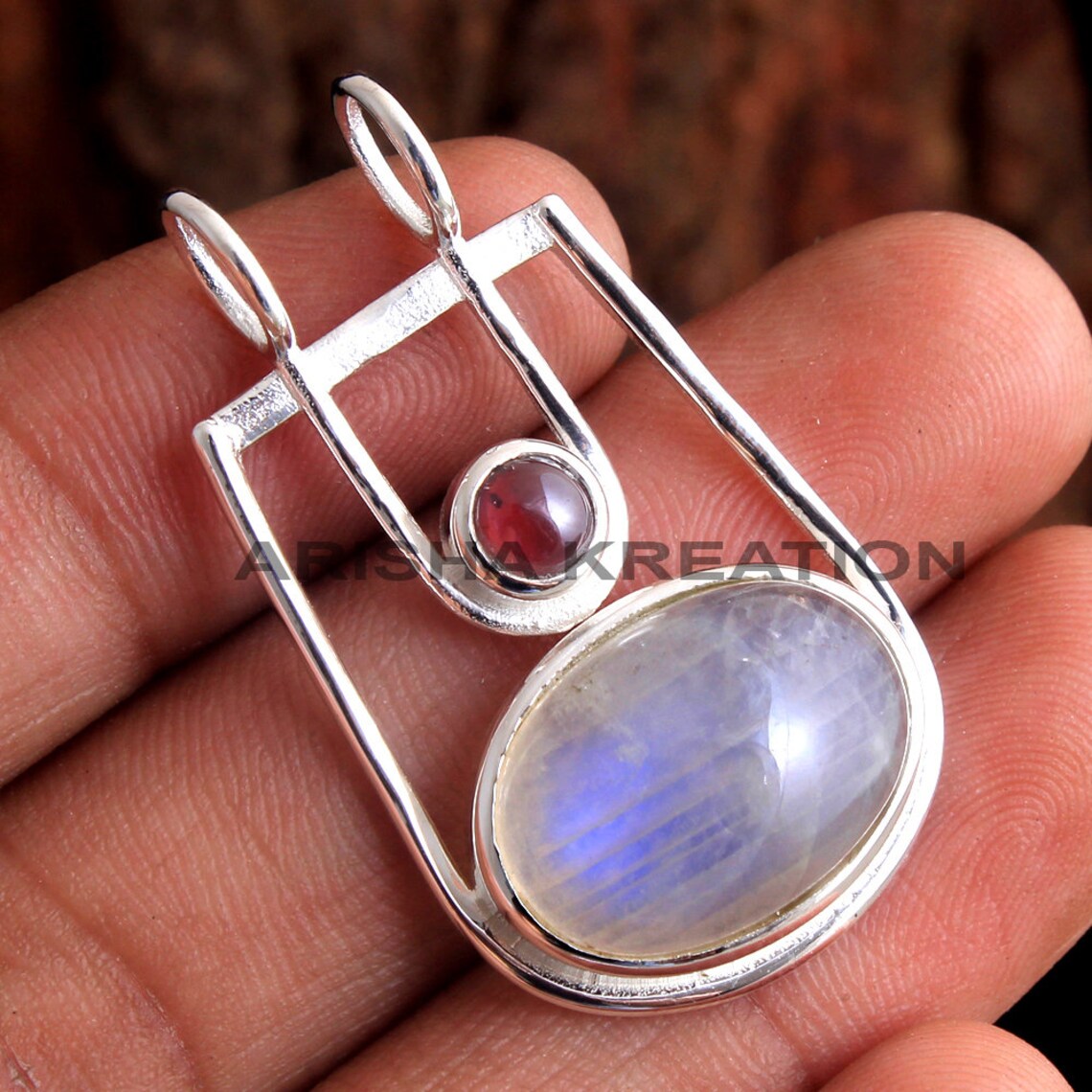 Natural Moonstone Red Garnet Oval Round Shape Gemstone Pendant - Etsy