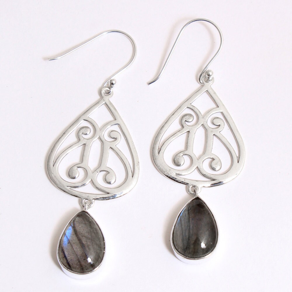 Labradorite Pear Drop Earrings – Sterling Silver Filigree, Handmade - Etsy