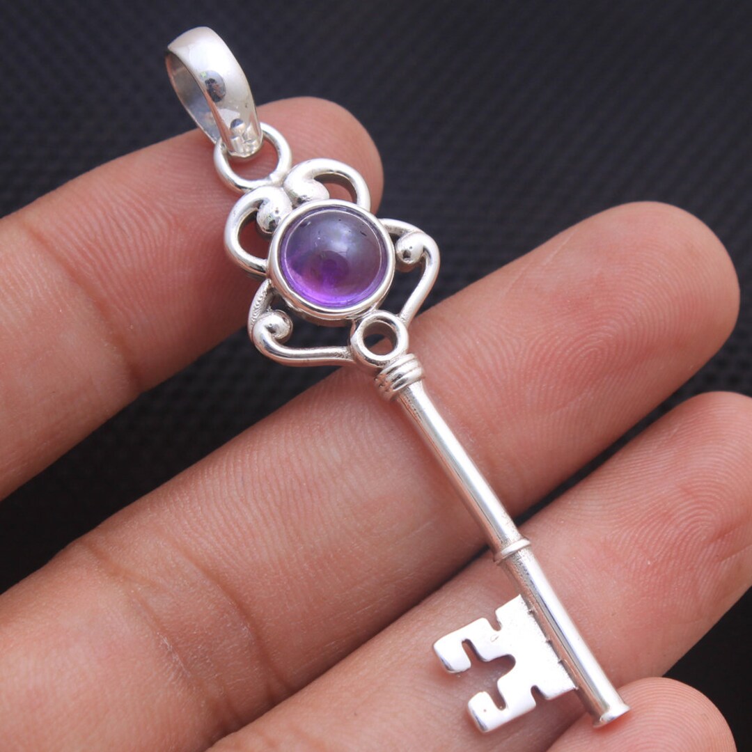 Key Shape Natural Amethyst Round Shape Gemstone Stylish Pendant - 925 ...