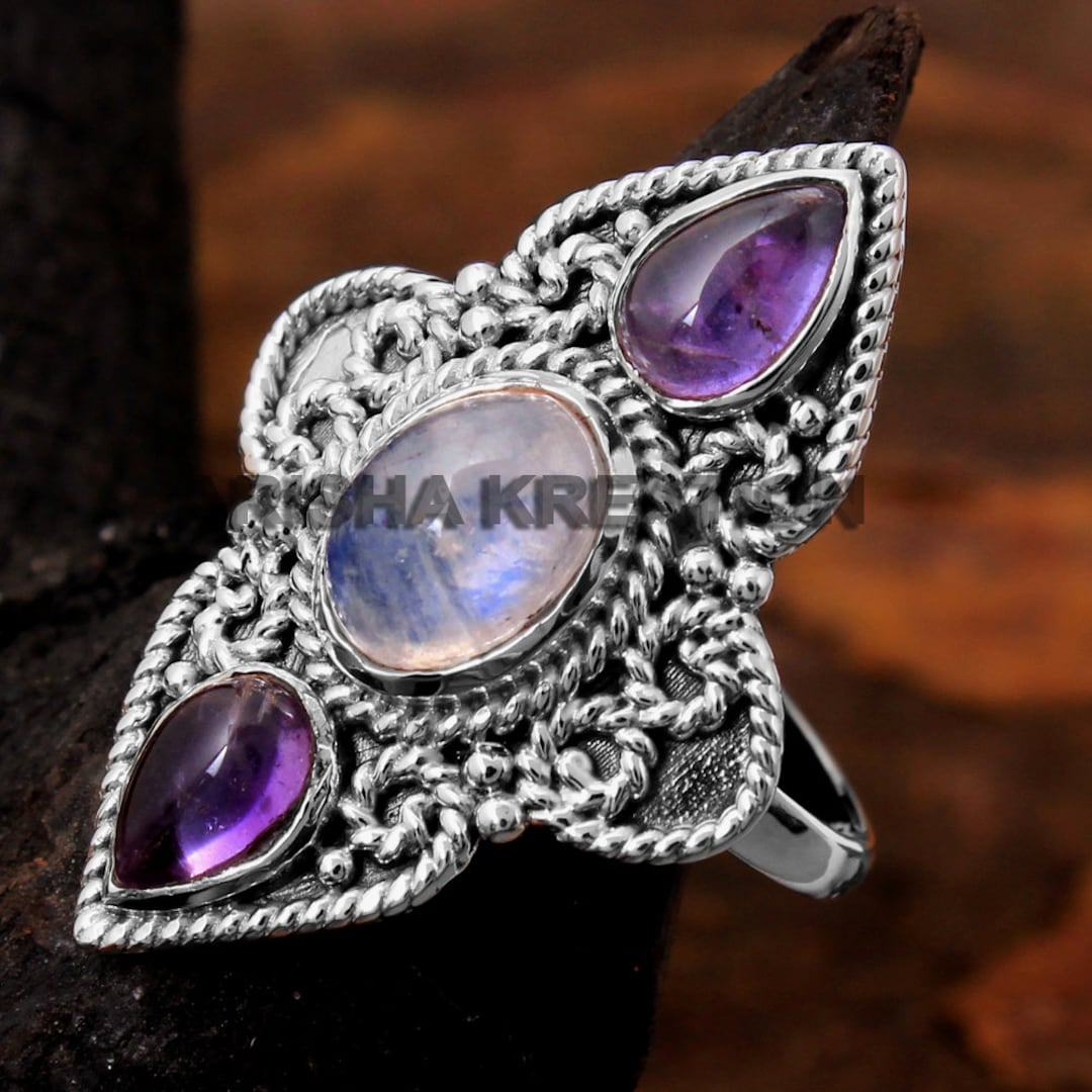 Amethyst Moonstone Oval Pear Shape Gemstone Ring for Christmas - Etsy