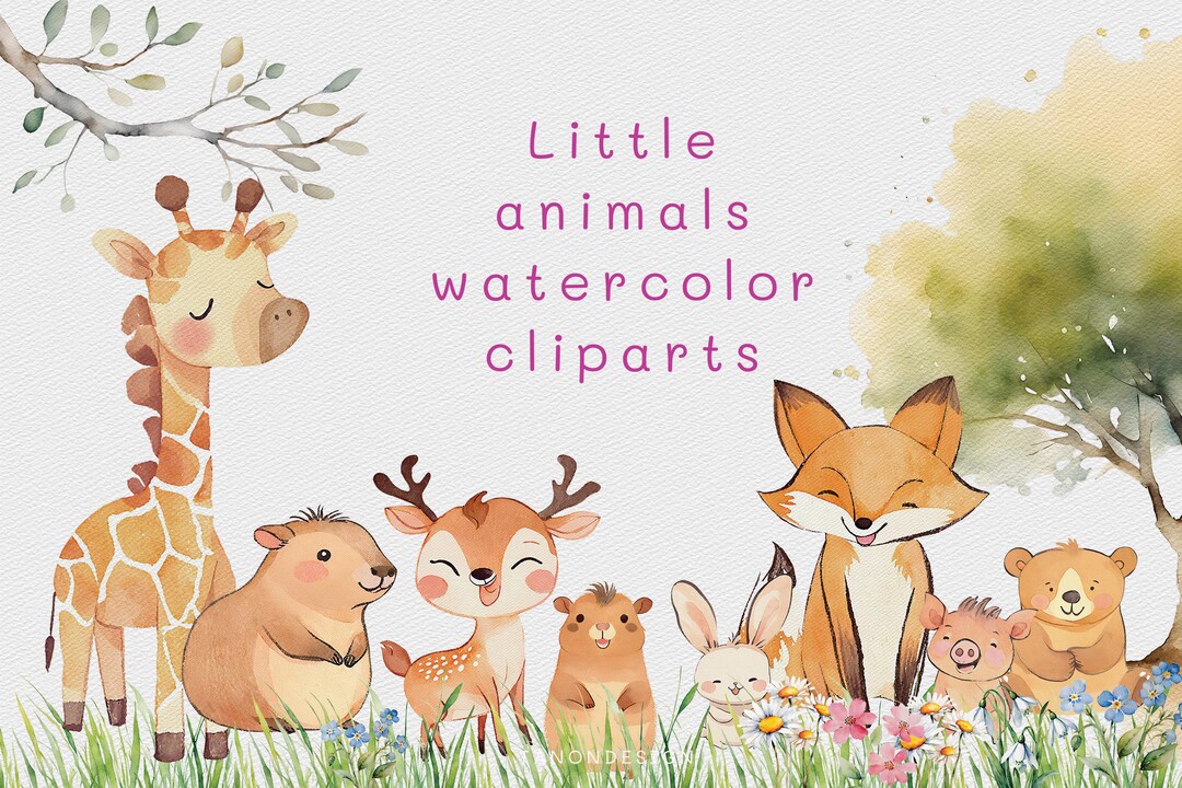 Little Animals Watercolor Clip Art, Fox, Capybara, Bear, Pig, Giraffe ...
