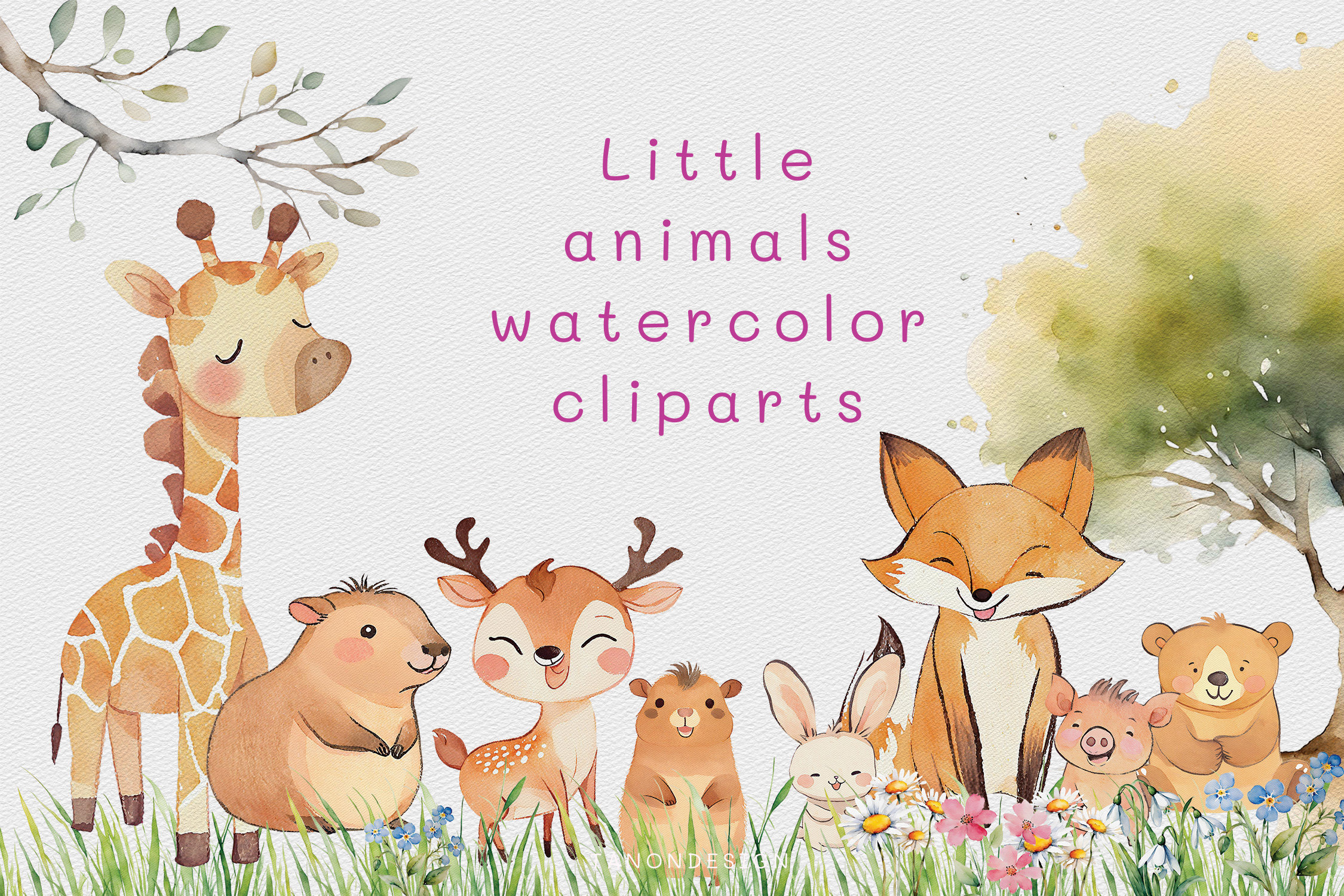 Little Animals Watercolor Clip Art Fox Capybara Bear Pig - Etsy