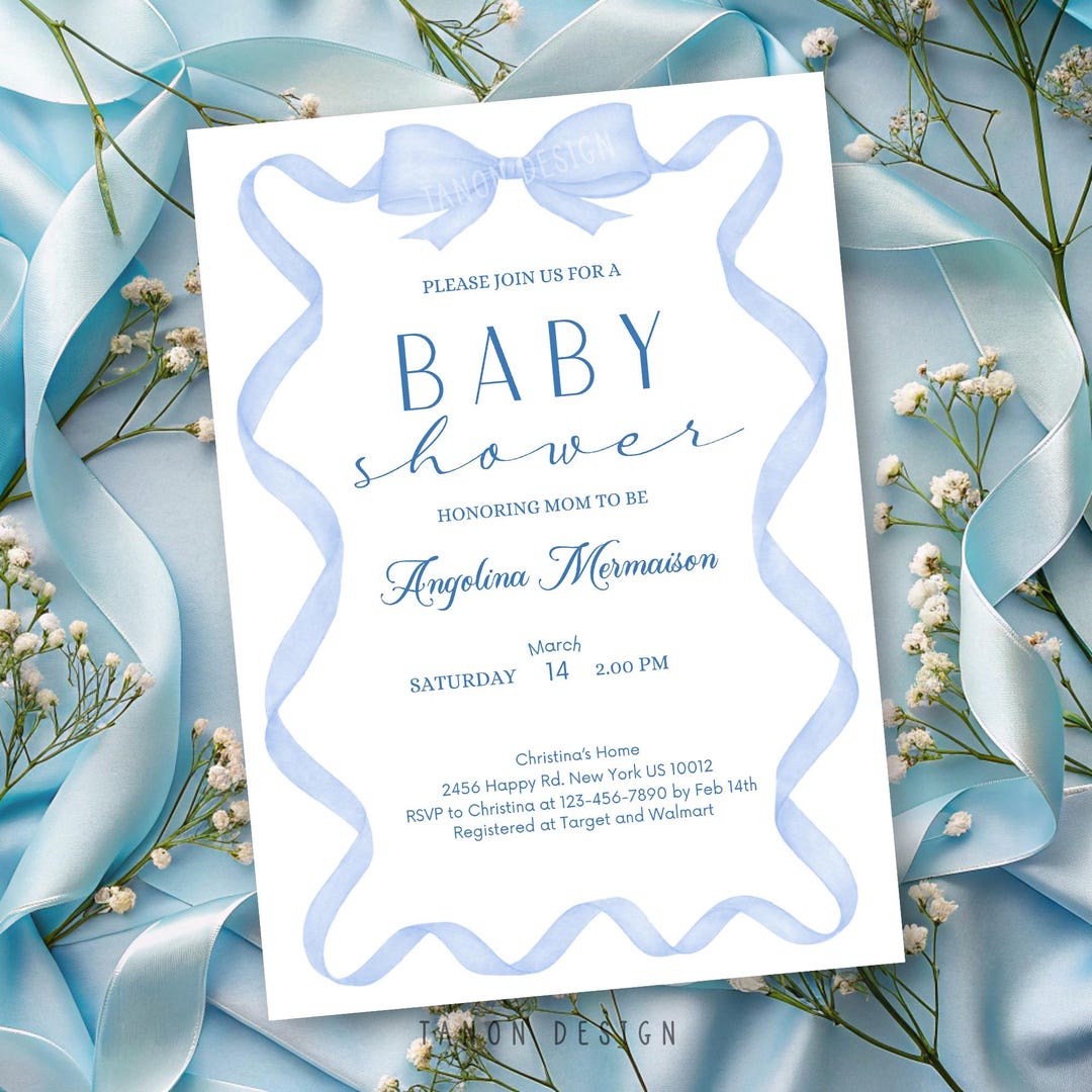 Blue Bow Ribbon Baby Shower Invitation Editable Printable Template ...