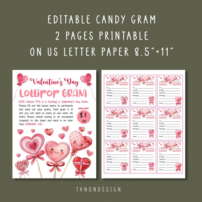 Editable Valentine Lollipop Gram Template: School Fundraiser (PDF) - Etsy