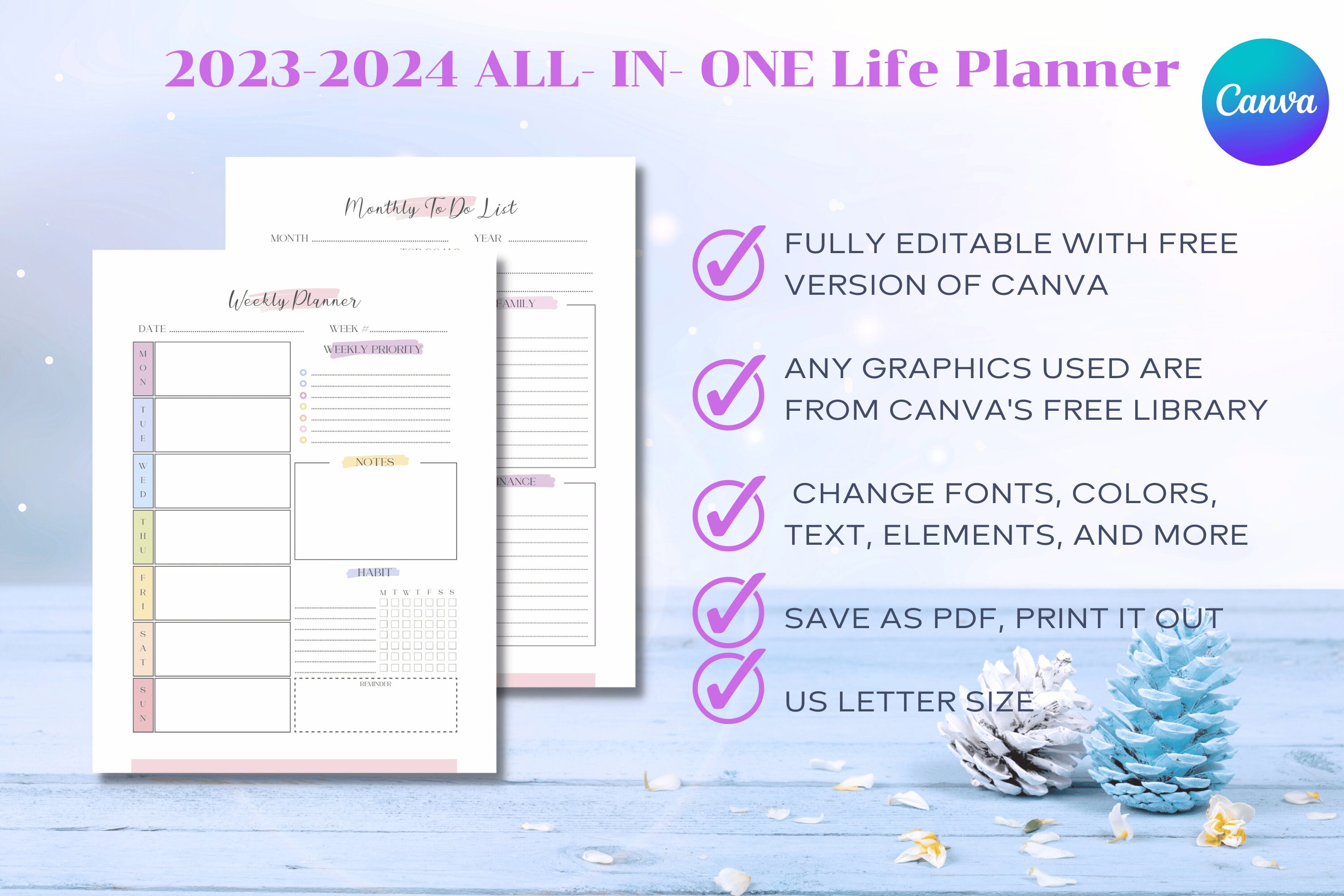2023-2024 All-in-one Life Planner Editable Canva Template. Printable ...