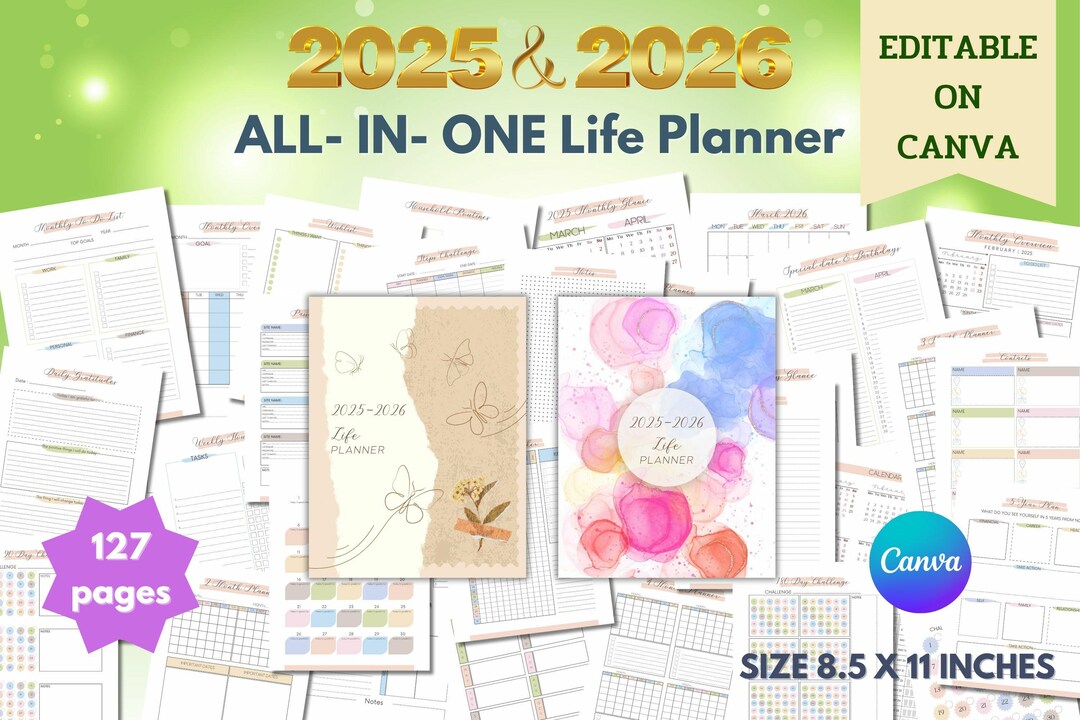 2025-2026 All-in-one Life Planner - Editable Canva Template - Etsy
