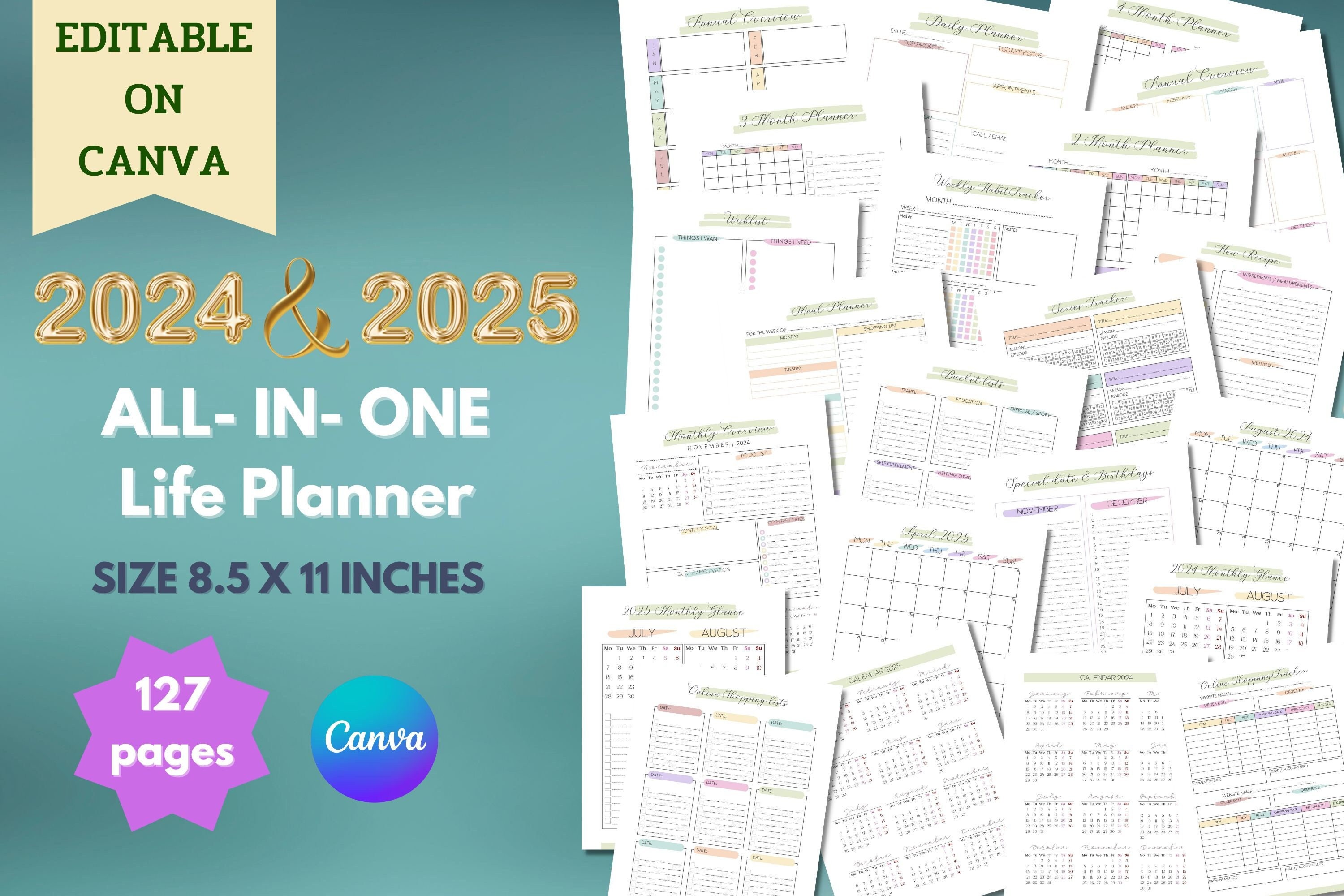 All in One Life Planner 2024-2025 Canva Template / Editable Printable ...