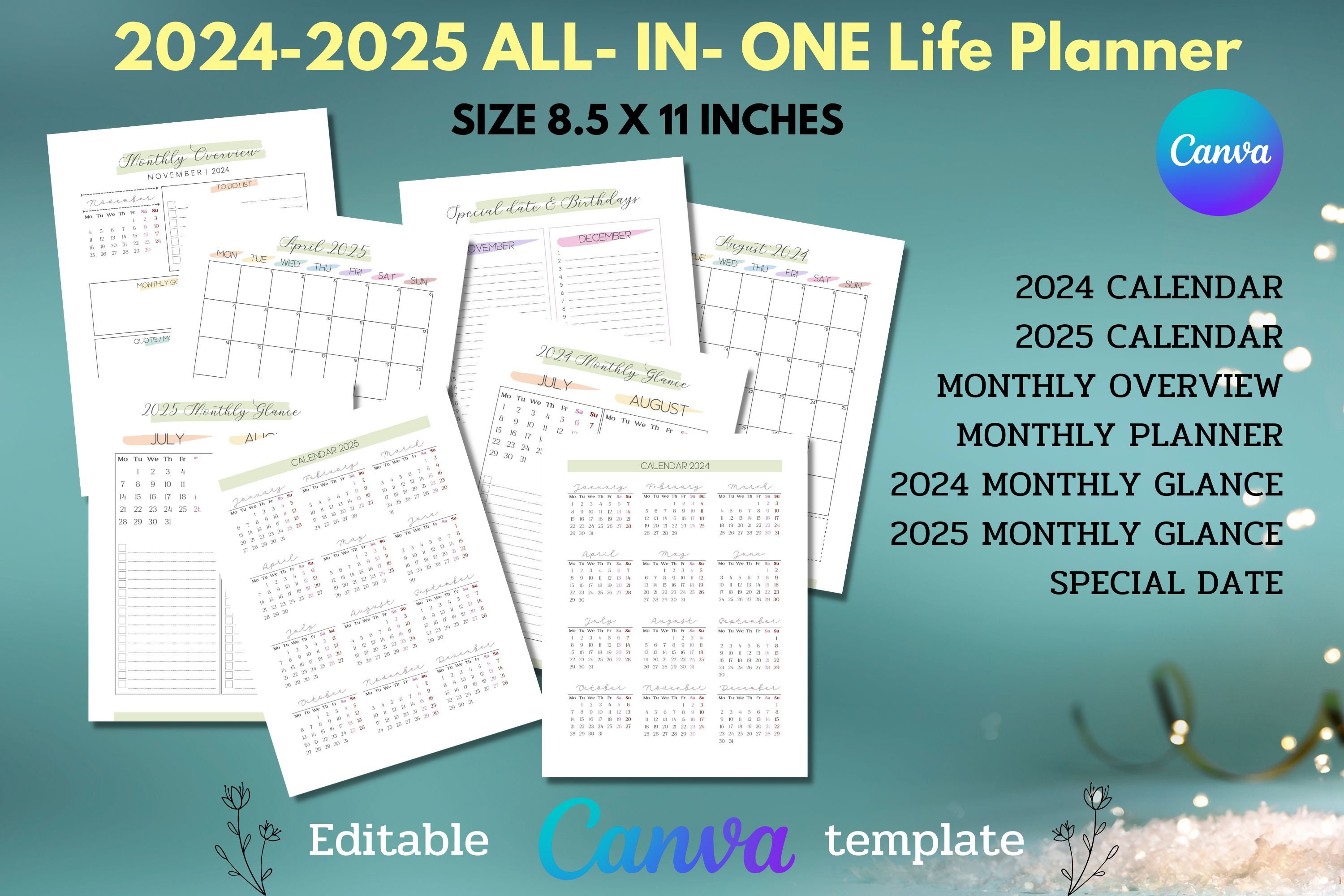 All in One Life Planner 2024-2025 Canva Template / Editable Printable ...