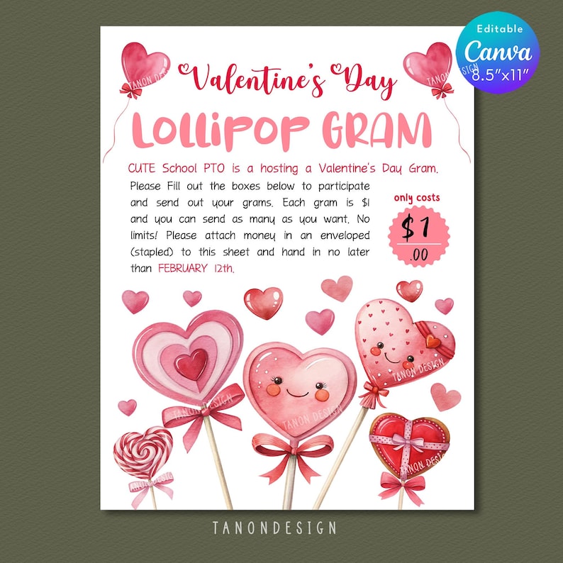 Editable Valentine Lollipop Gram Template: School Fundraiser (PDF) - Etsy
