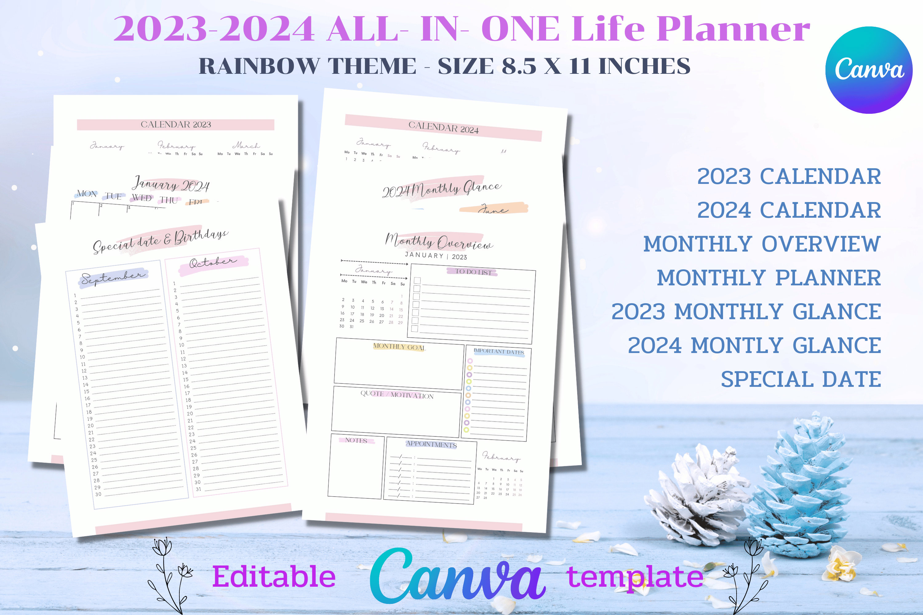 2023-2024 All-in-one Life Planner Editable Canva Template. Printable ...
