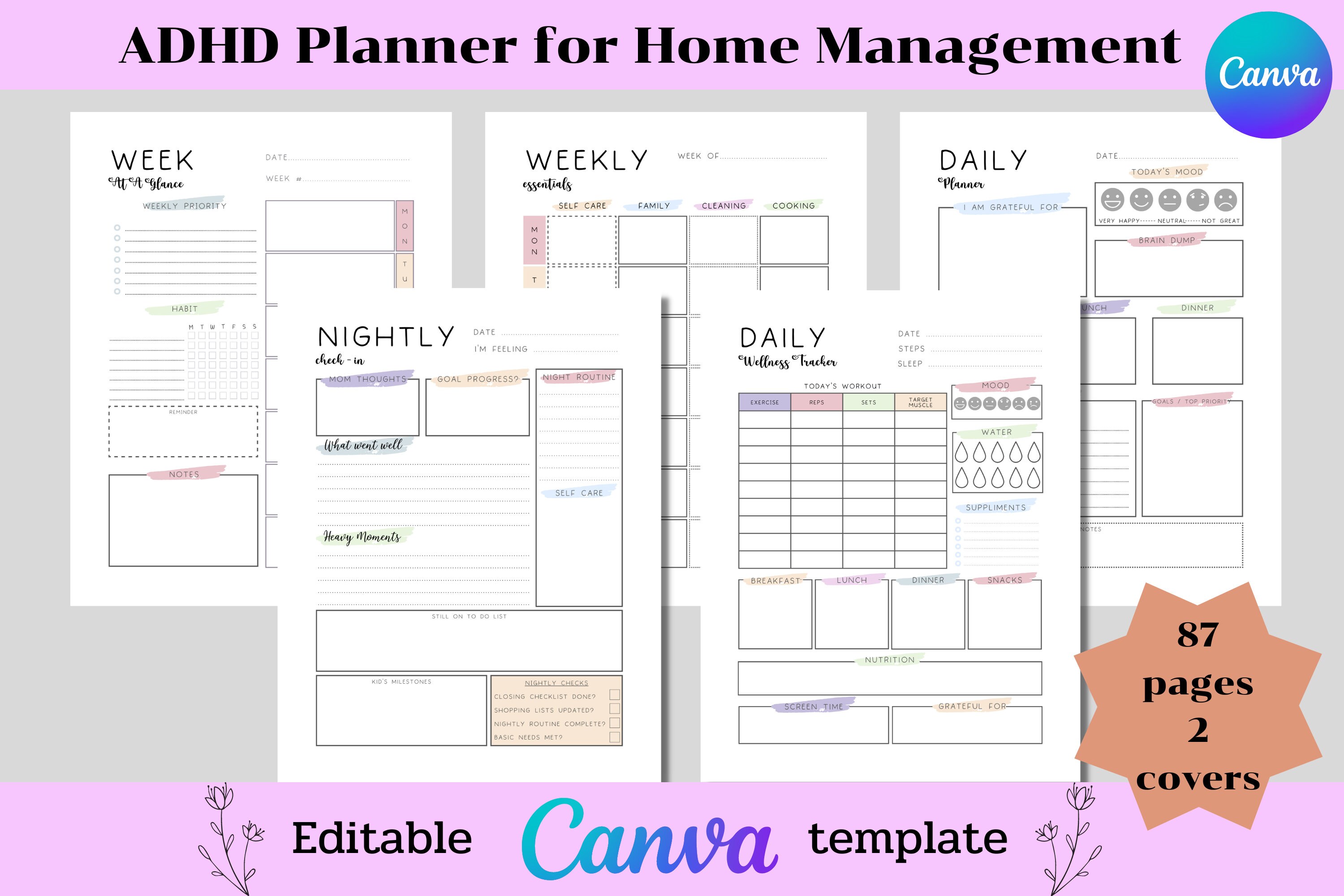 Editable ADHD Planner Canva Template. Printable ADHD Planner. KDP ...