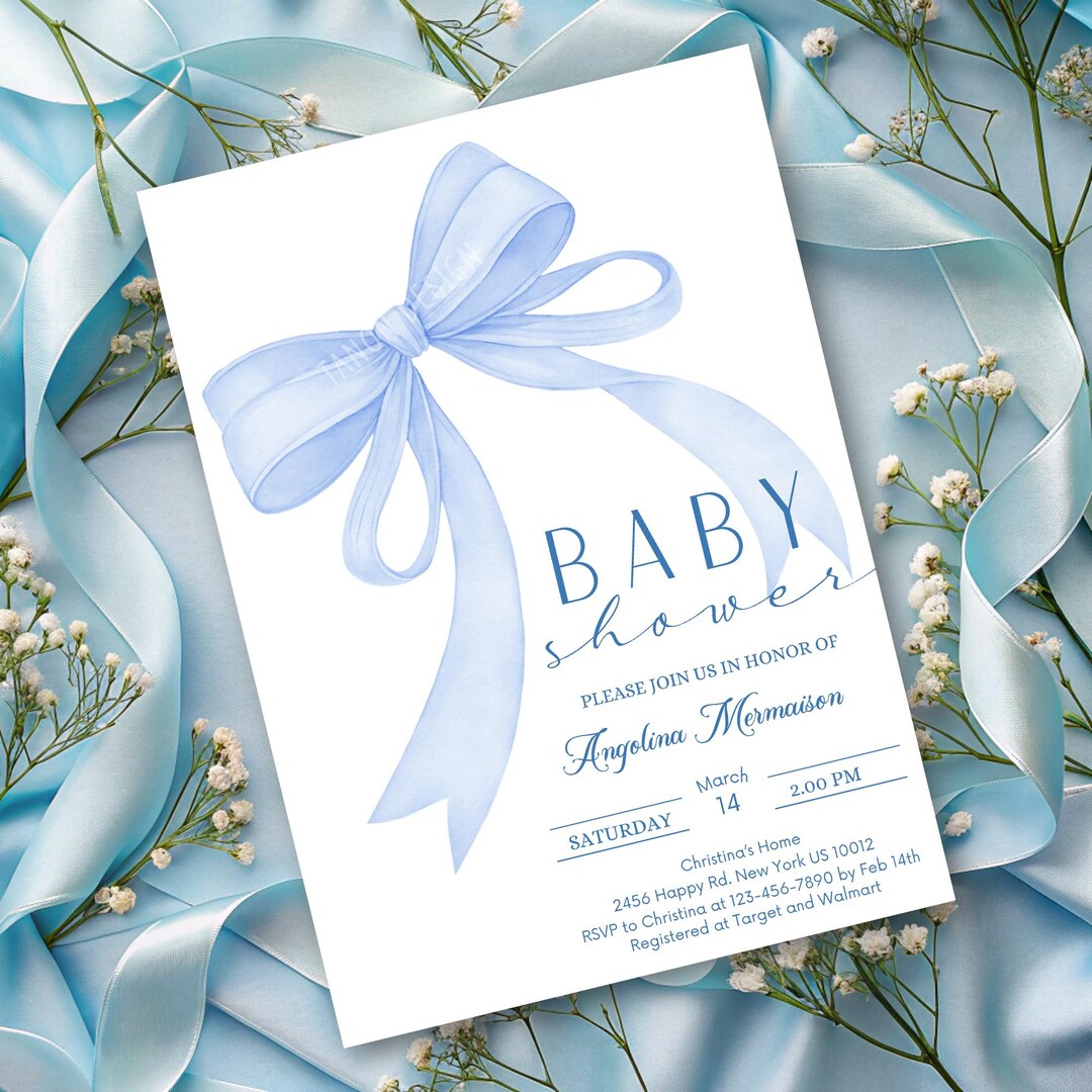Blue Bow Ribbon Baby Shower Invitation Editable Printable Template ...