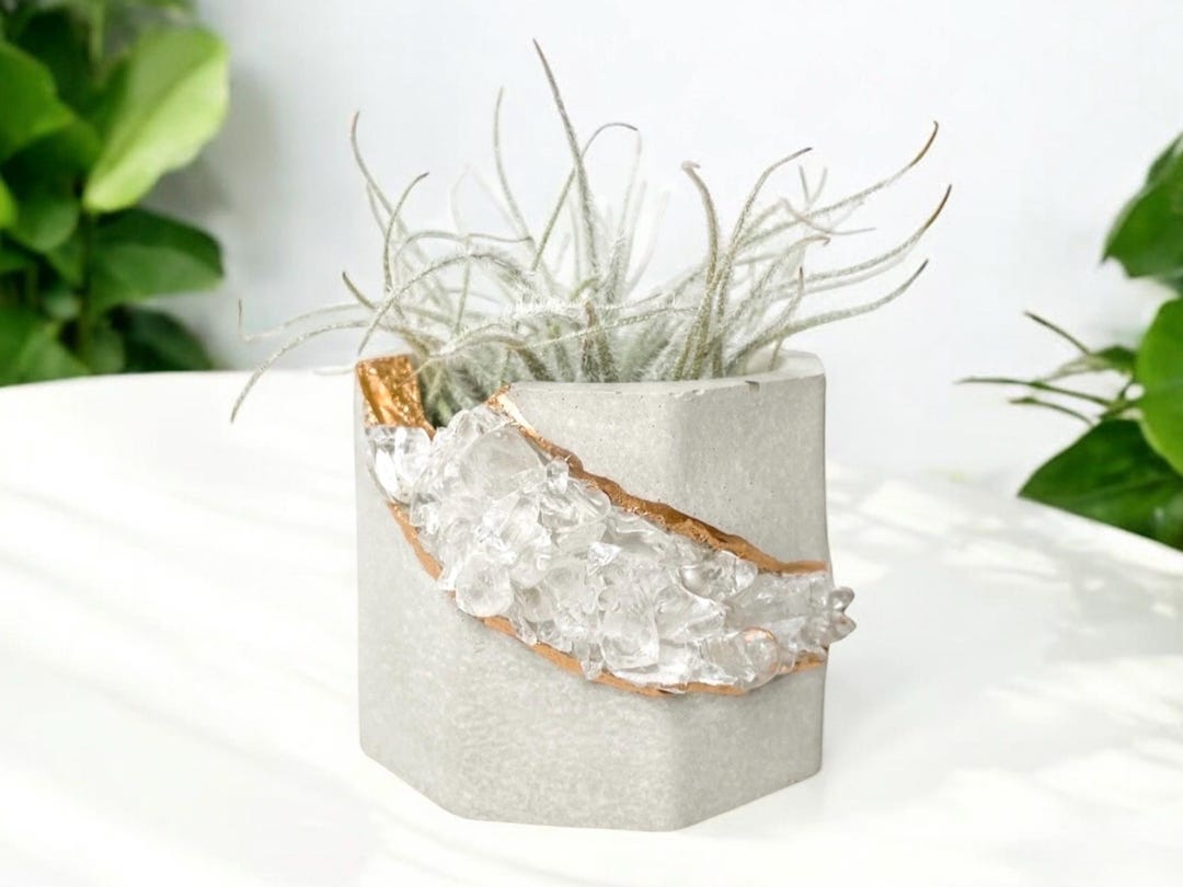 Modern Clear Quartz Crystal Planter, Mini Geode Concrete Plant Pot ...