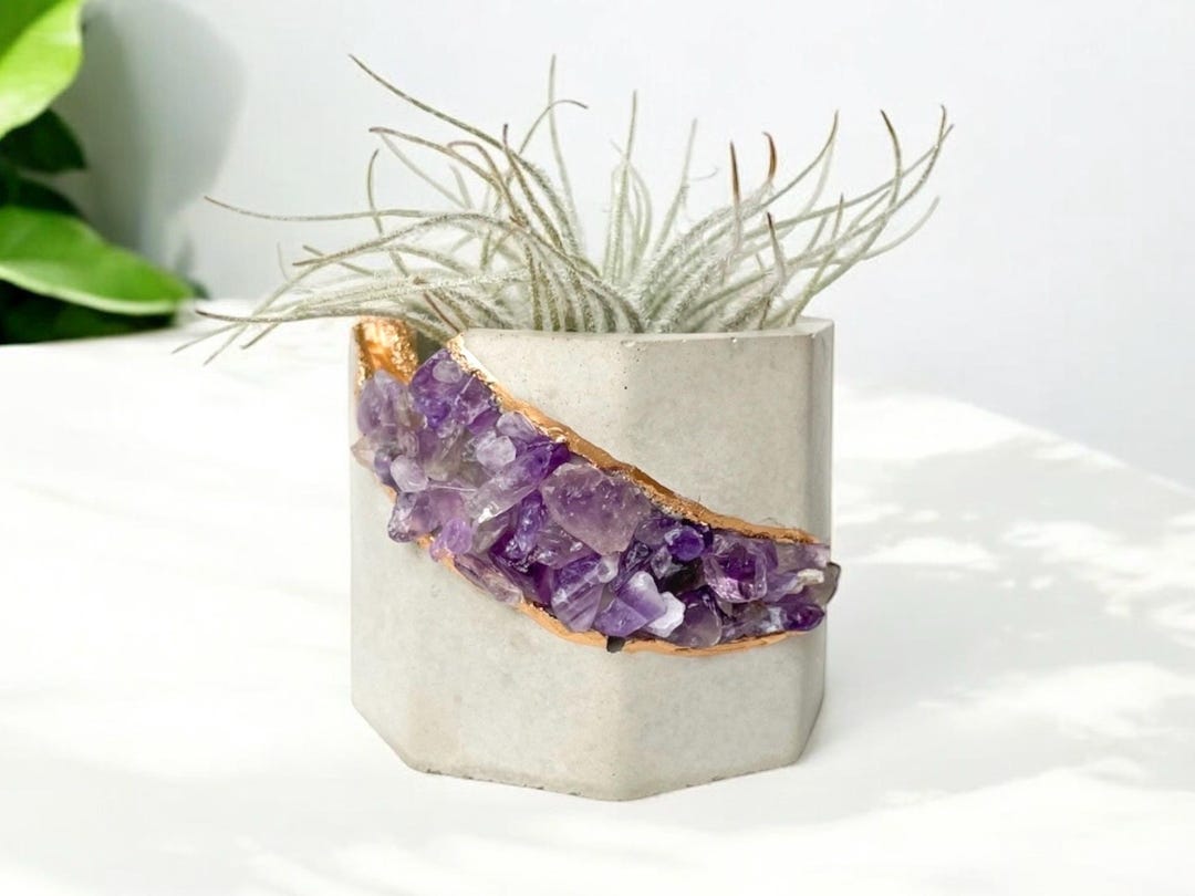 Amethyst Crystal Concrete Planter – Hexagon Air Plant Holder, Purple ...