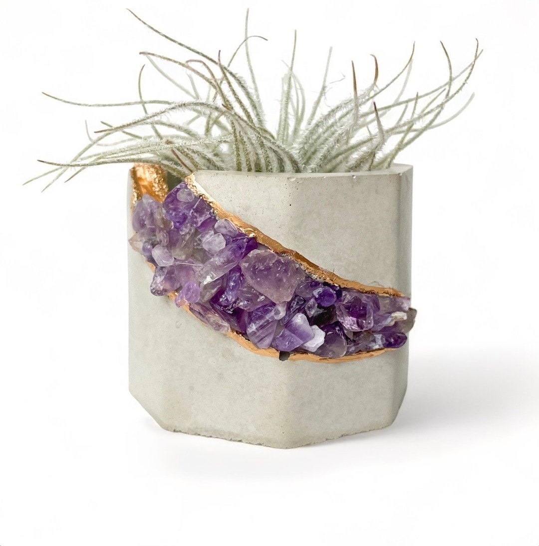Amethyst Geode Mini Planter, Modern Concrete Crystal Air Plant Display ...