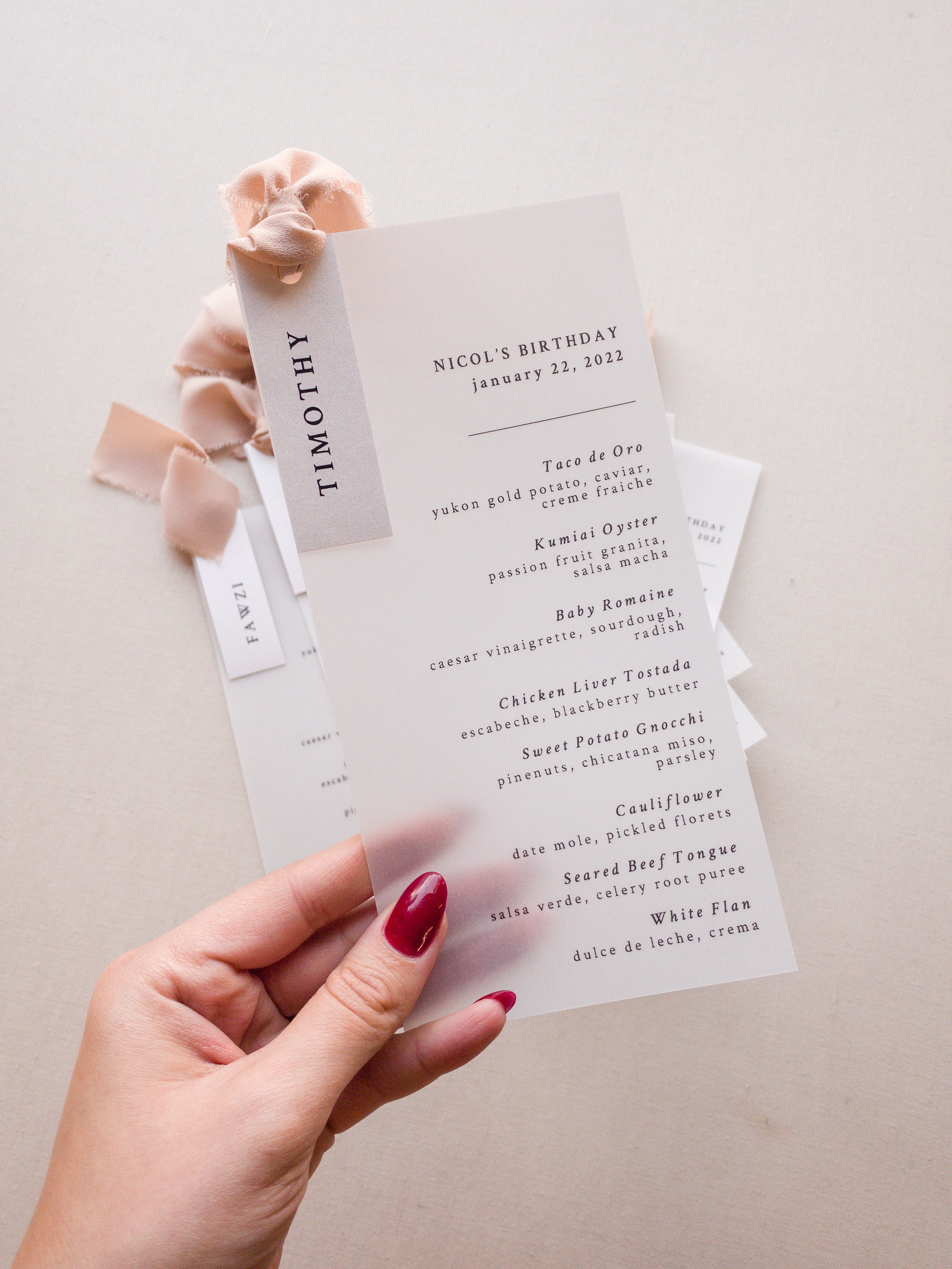 Vellum Paper Menu Cards With Chiffon Ribbon // Optional Place - Etsy