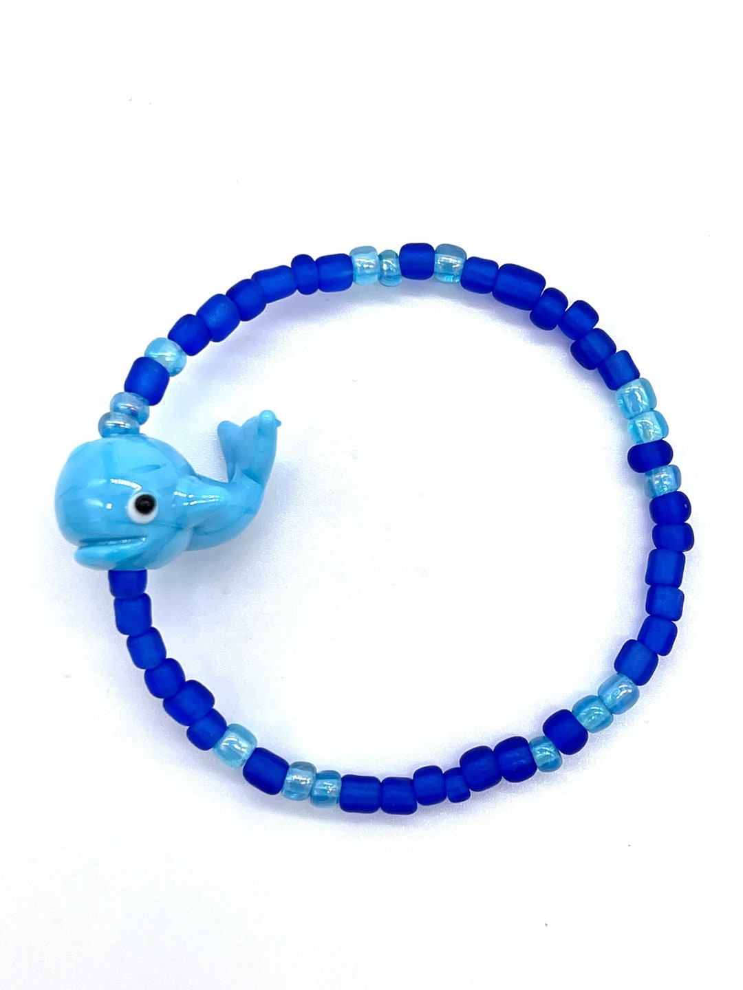 Blue Whale Beaded Stretch Bracelet Lampwork Glass Whale 6/0 Seed Bead ...