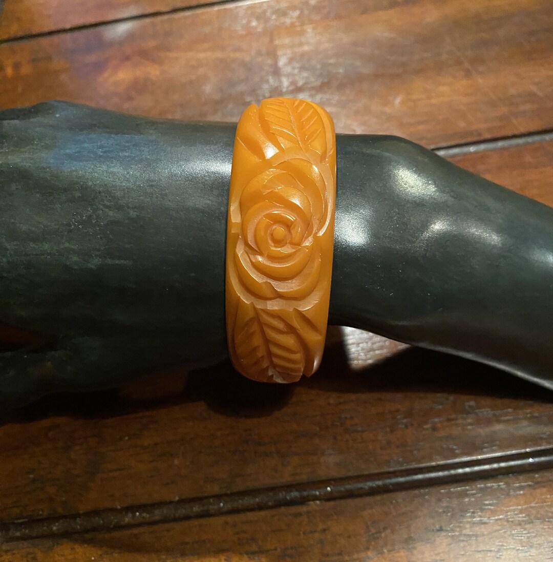 Bakelite Butterscotch Colored Bangle With Rose Carvings - Etsy