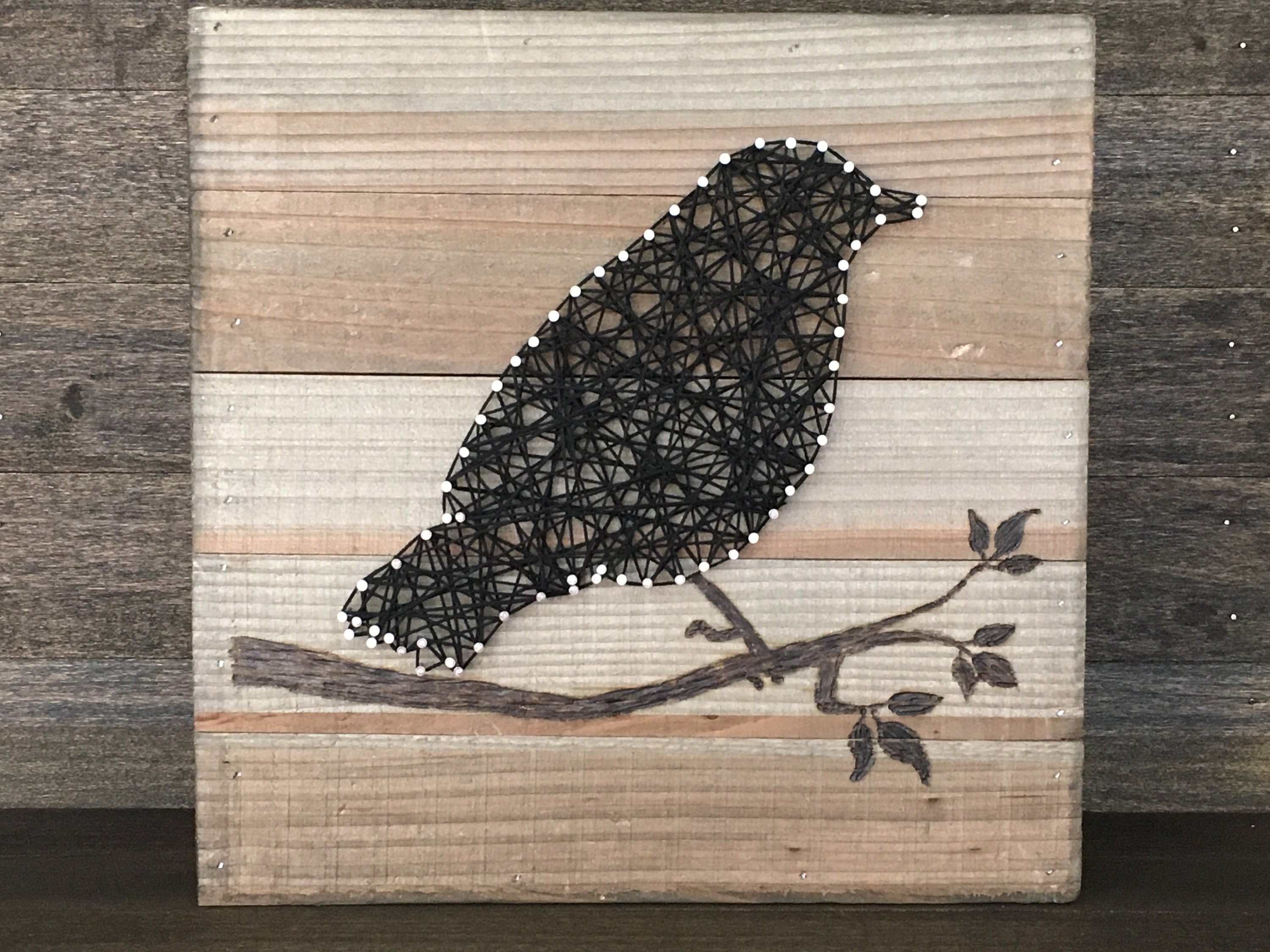 String Art Bird With Wood Burned Branch - Etsy New Zealand