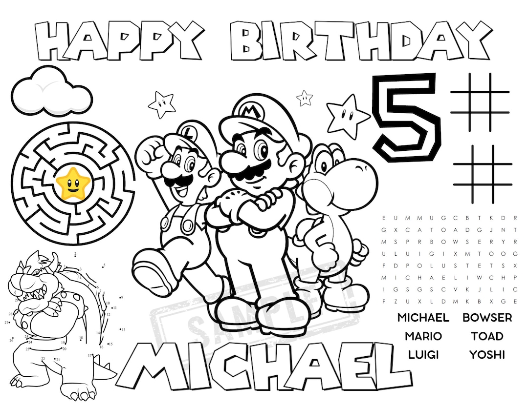 Super Mario Party Coloring Activity Sheet Placemat - Kids Birthday ...