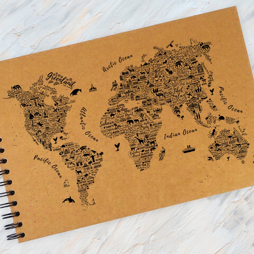 WORD ART World Map A3/a4/a5/square Scrapbook Photo Album Memory ...