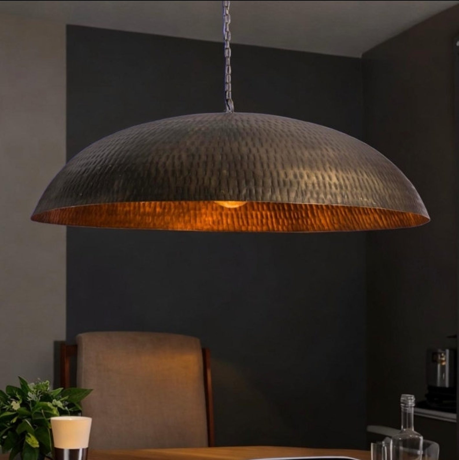 SET OFF 2 Antique Hammered Brass Dome Light Fixtures Handmade Hanging ...