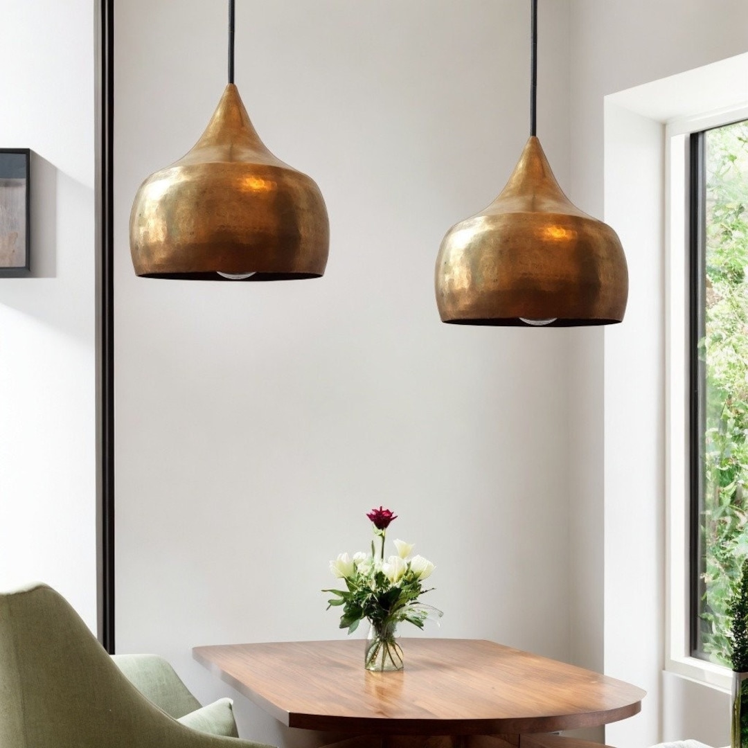 SET OF 2 Hammered Copper Pendant Light – Handmade Dome Ceiling Fixture ...
