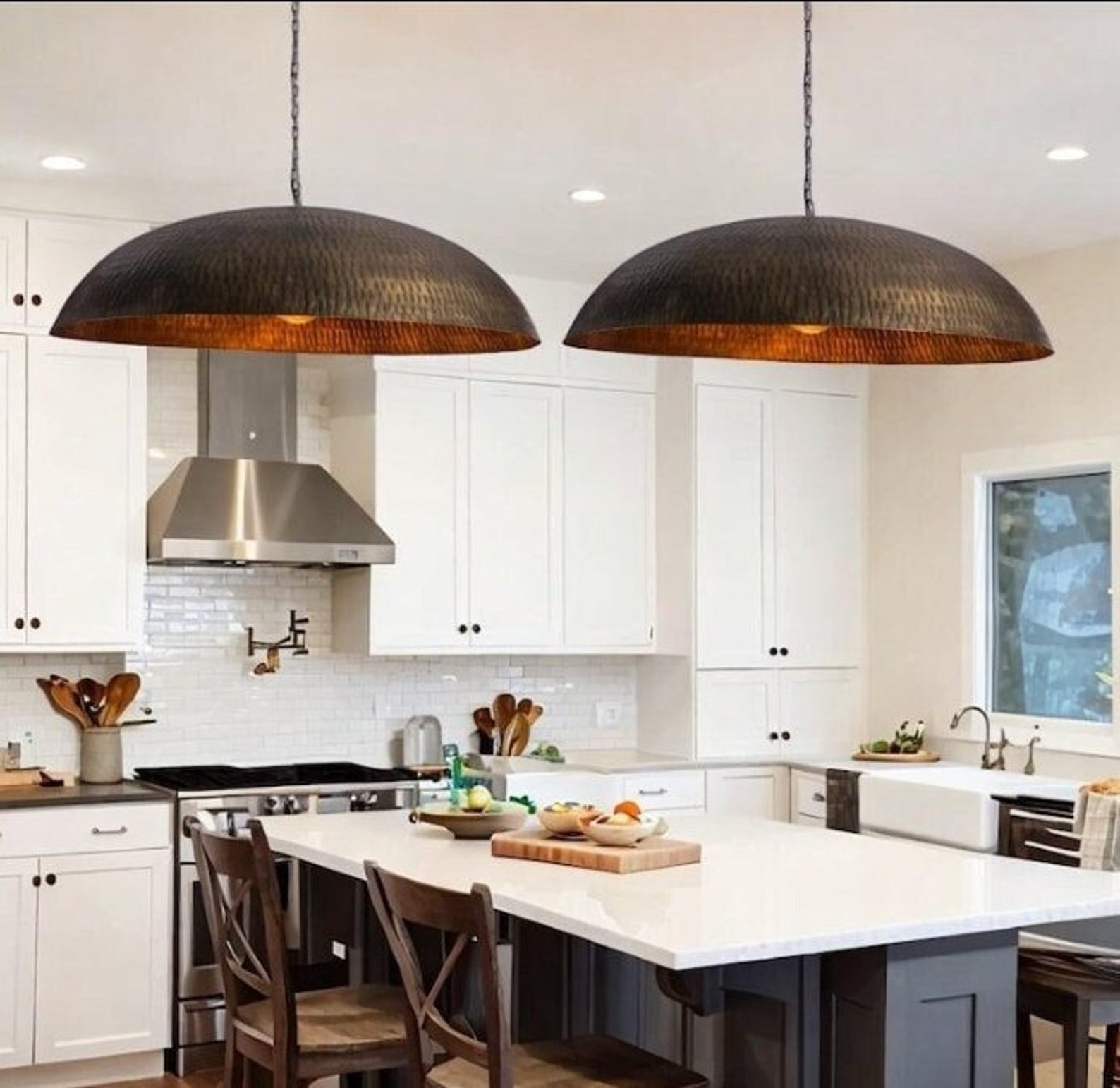 SET OFF 2 Antique Hammered Brass Dome Light Fixtures Handmade Hanging ...