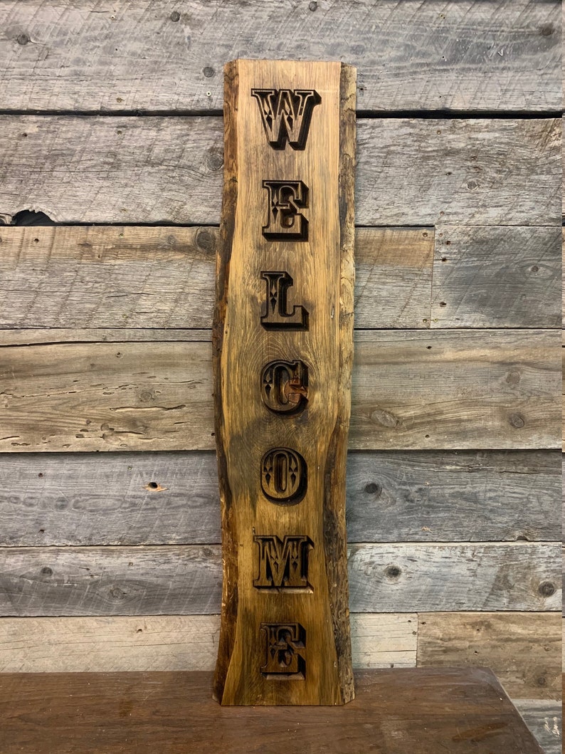 Custom Carved and Stained Live Edge Blue Pine Leaning WELCOME - Etsy