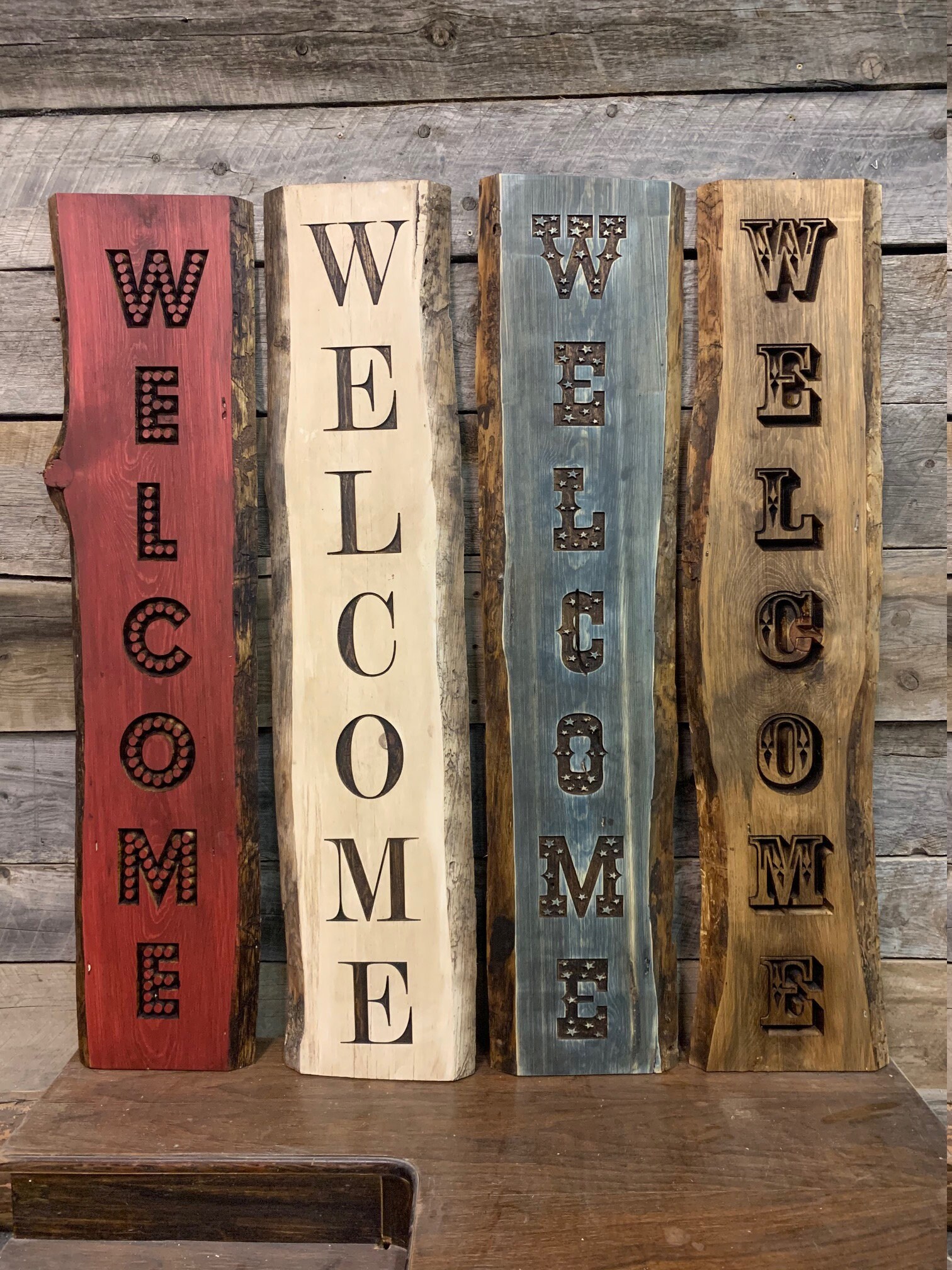Custom Carved and Stained Live Edge Blue Pine Leaning WELCOME SIGN! - Etsy
