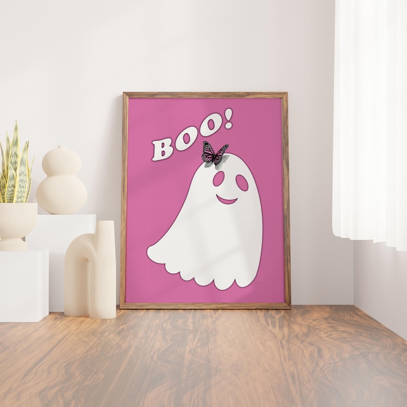 Trendy Pink Halloween Poster Pink Ghost Digital Print Cute Ghost Pink ...