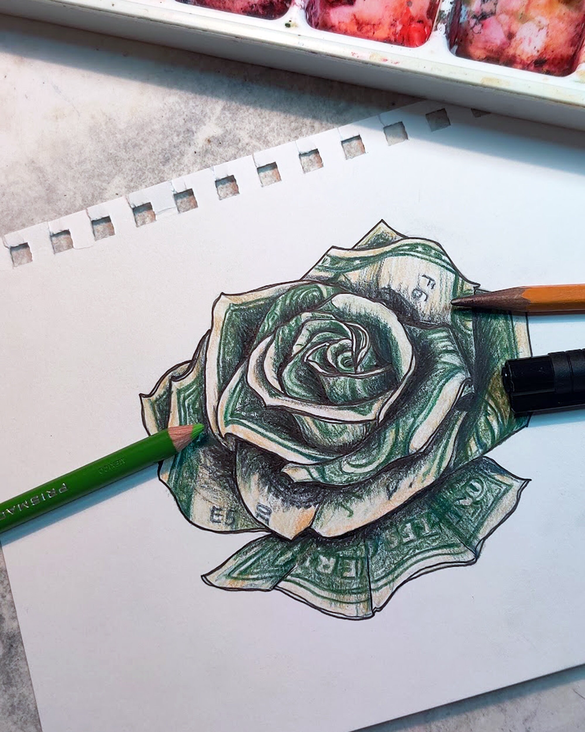 Money Rose Tattoo Design: Printable Flower Illustration (instant ...