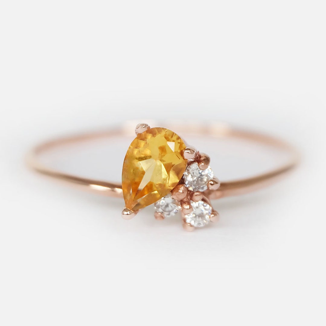 14k Gold Pear Citrine Stacking Ring, Dainty November Birthstone Ring ...