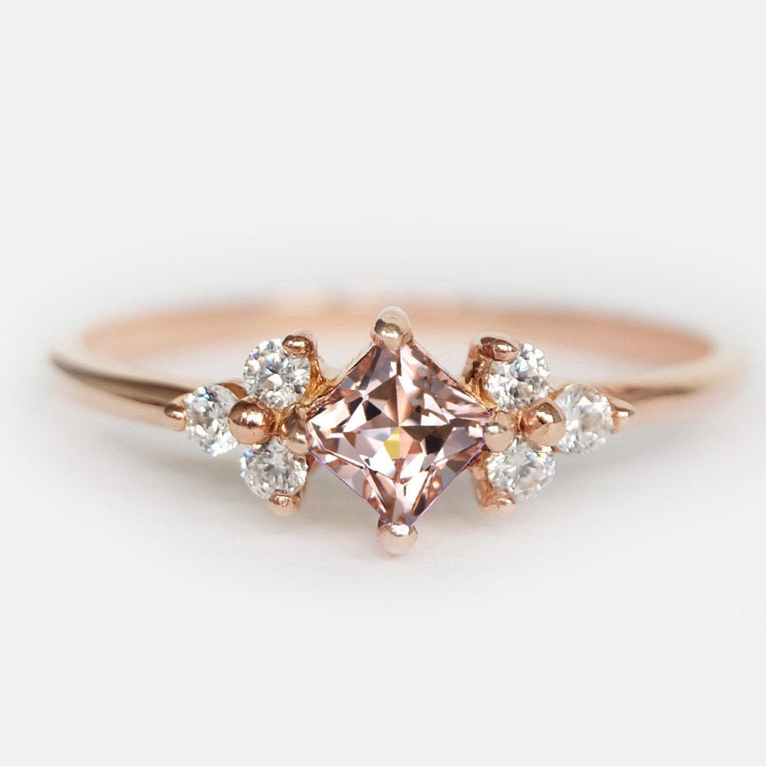 14K Rose Gold Morganite Ring, Princess Cut Morganite, Diamond Cluster ...