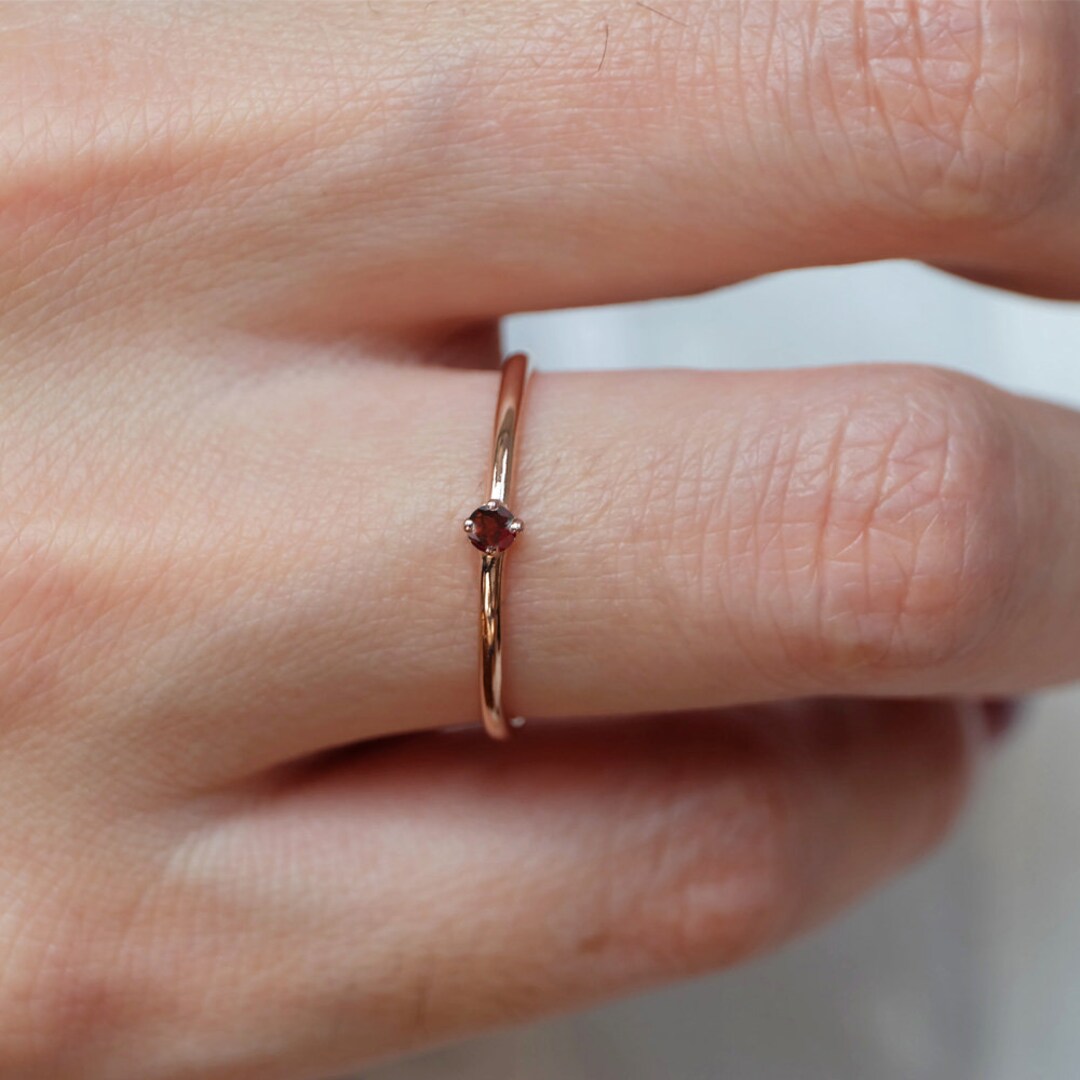 Minimalist Garnet Solitaire Ring, 14K Rose Gold Stacking Ring, January ...