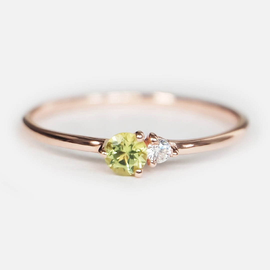 14k Gold Peridot and Diamond Dual Birthstone Ring, August Ring, Two ...