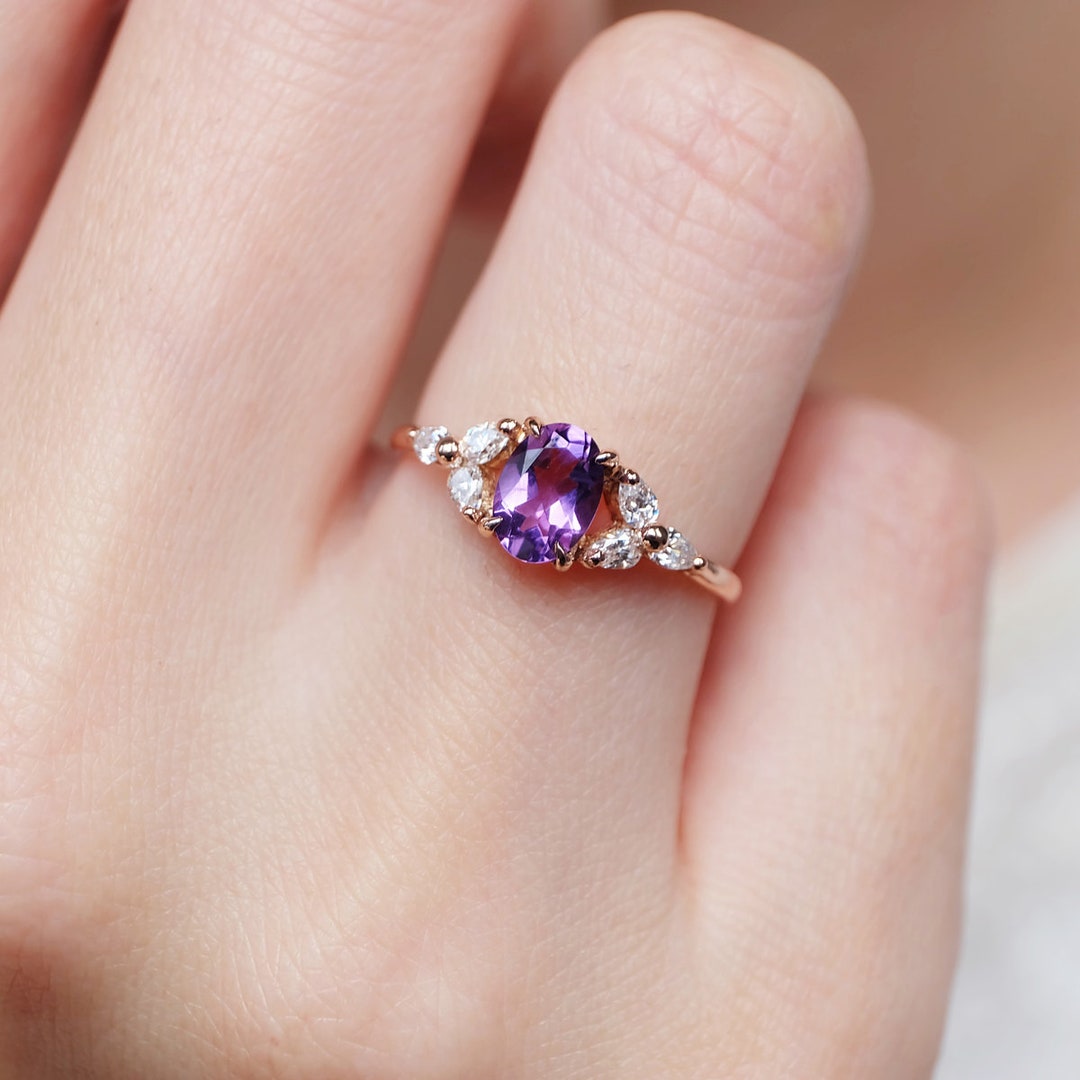 Vintage Amethyst Engagement Ring, Rose Gold Cluster Diamond Ring, Prong ...