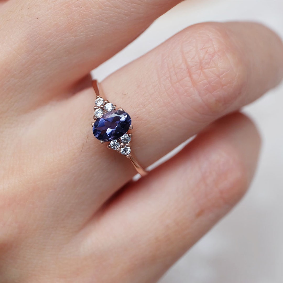 Oval Iolite and Diamond Ring in 14K Rose Gold, Vintage Style Engagement Ring, Handmade Gemstone ...