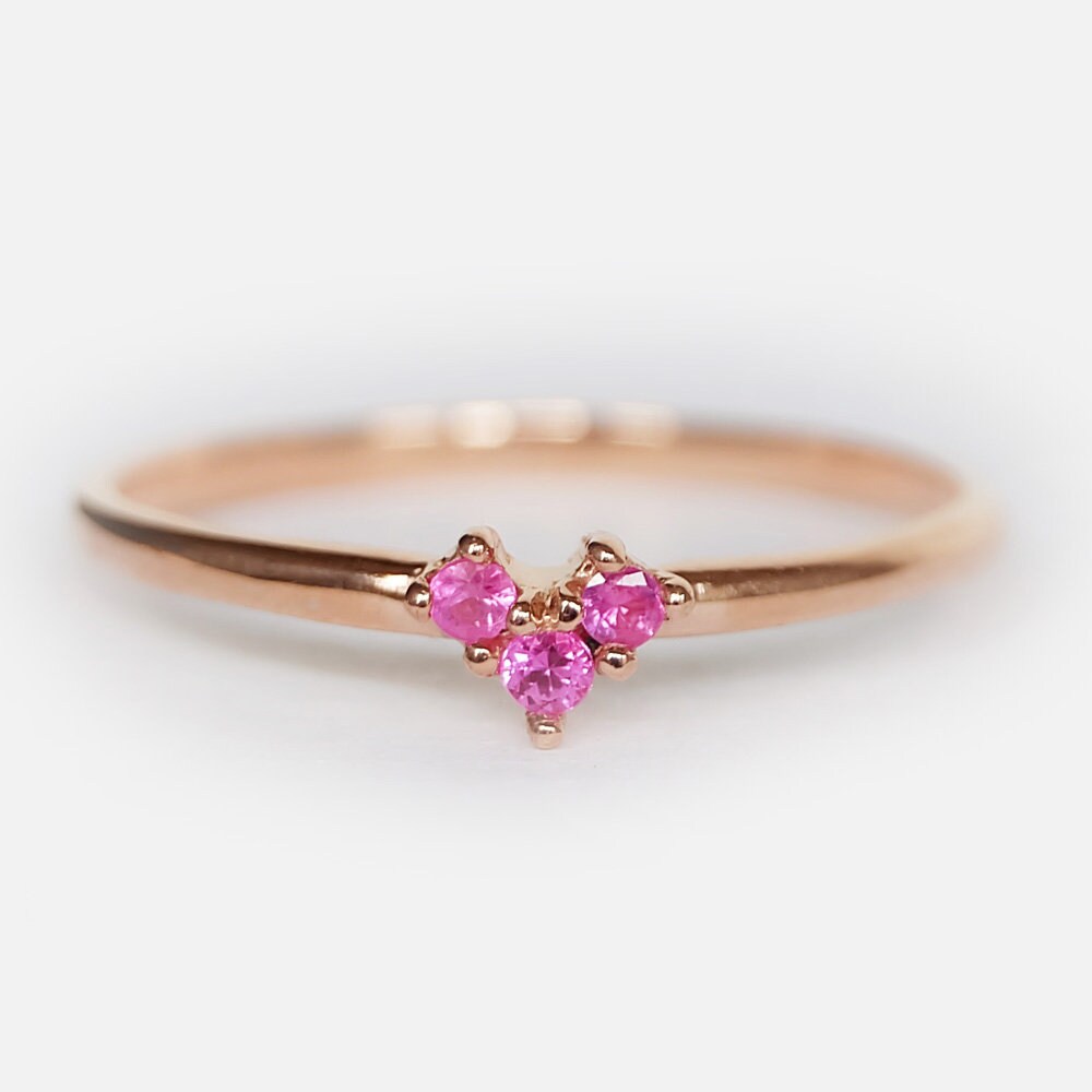 14K ローズゴールド ピンクサファイアリング、ハートクラスター 14K ローズゴールド ピンクサファイアリング、ハートクラスター