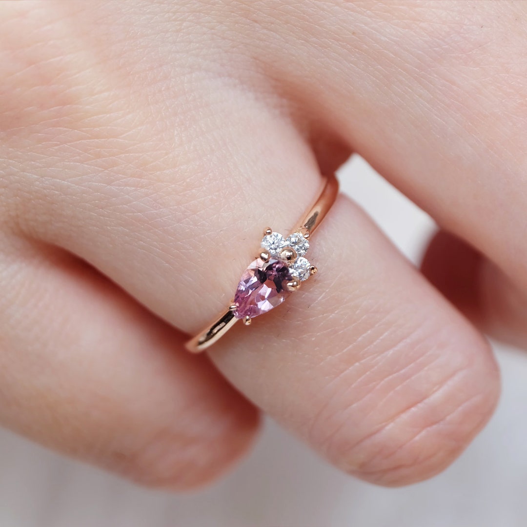 14k Rose Gold Morganite Ring, Pear Cut Morganite Diamond Ring, Cluster ...