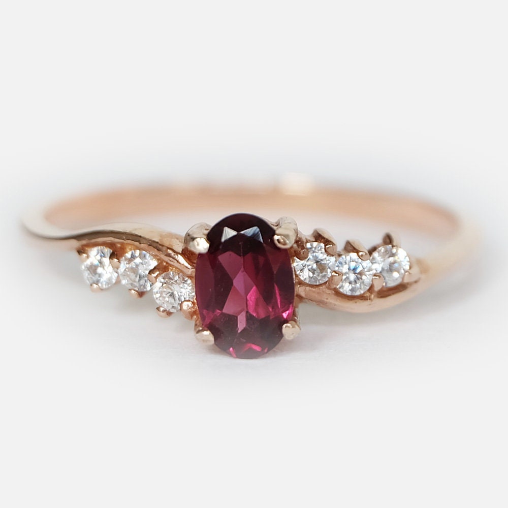 14k rose gold rhodolite garnet and diamond ring three stone | Etsy