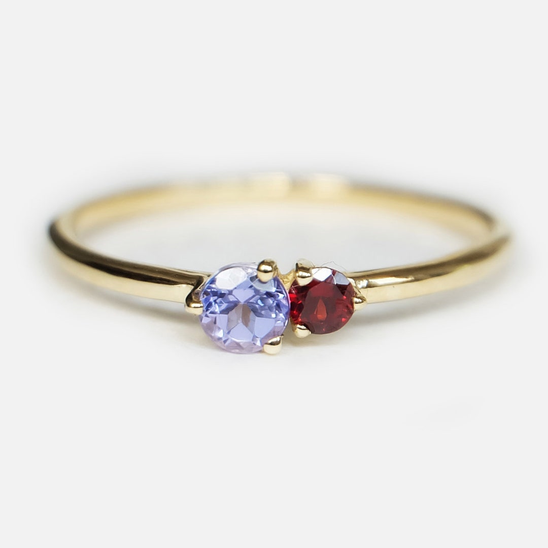 14k Tanzanite Garnet Ring, Dual Birthstone, Gold Two Stone Ring ...