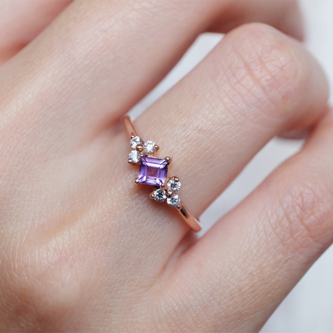 Princess Cut Amethyst Diamond Ring, Gold Diamond Cluster Ring, Square Amethyst Ring, Amethyst ...