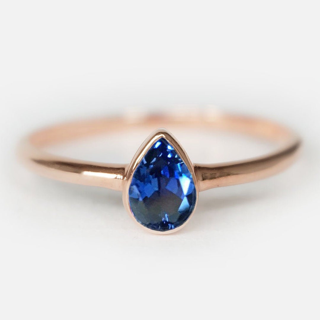 14K Rose Gold Pear-shaped Blue Sapphire Ring, Minimalist Engagement ...