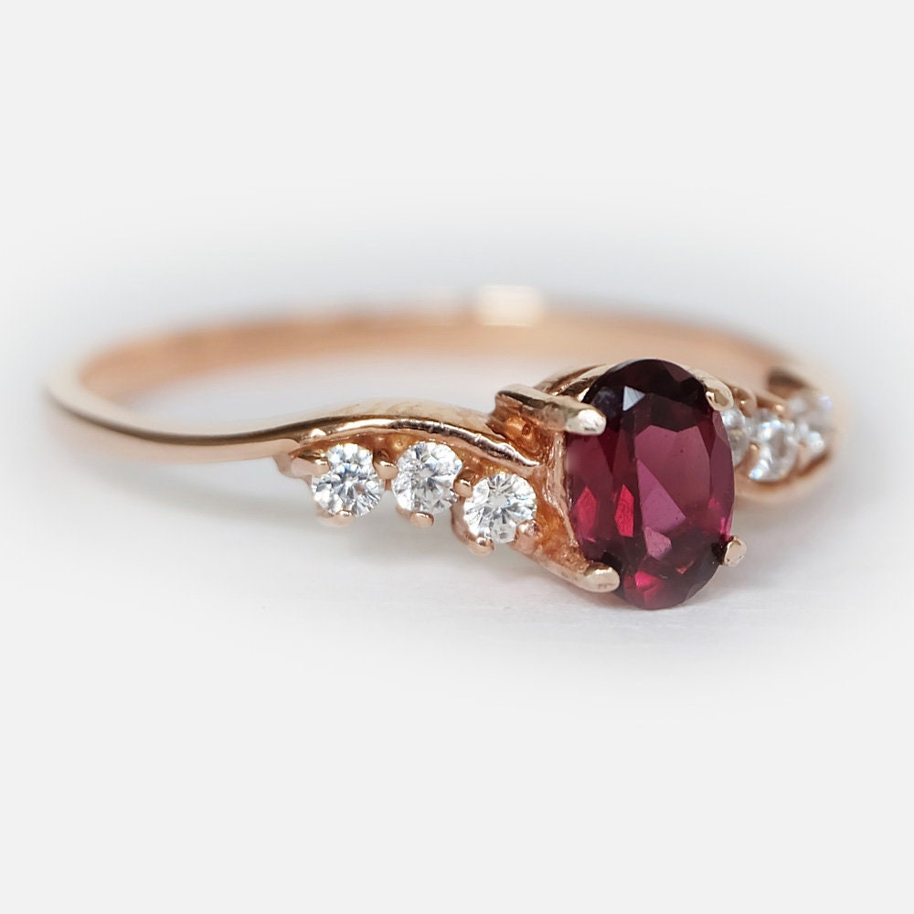14k rose gold rhodolite garnet and diamond ring three stone | Etsy