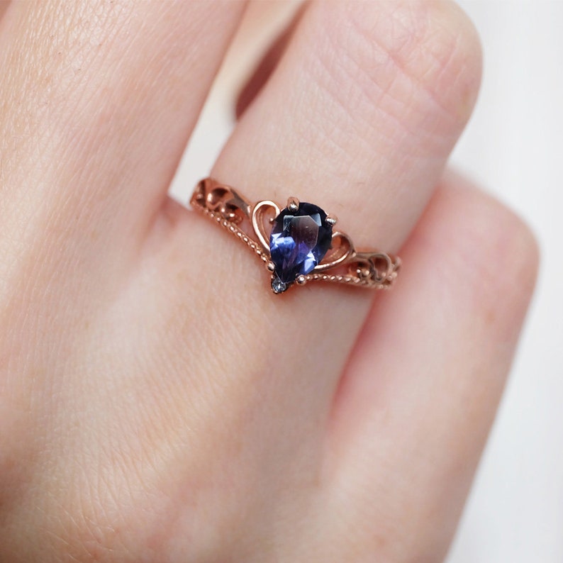 Iolite Engagement Ring Vintage Crown Ring Pear Iolite Ring - Etsy