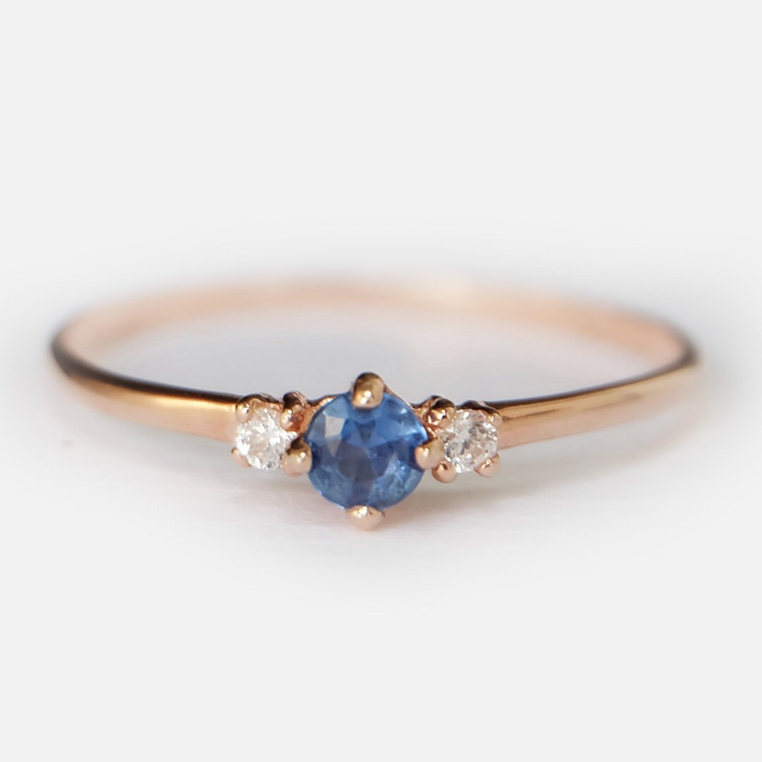 14k Gold Sapphire Dainty Ring, September Birthstone Minimalist Ring, Blue Gemstone Stacking Ring ...