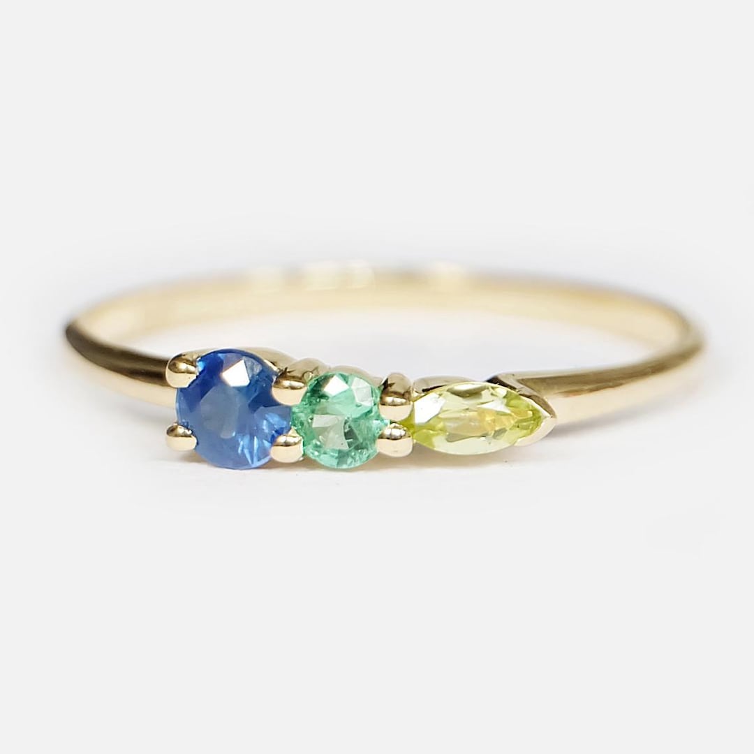 14K Rose Gold Gemstone Trio Ring, Blue Sapphire Emerald Peridot Ring ...
