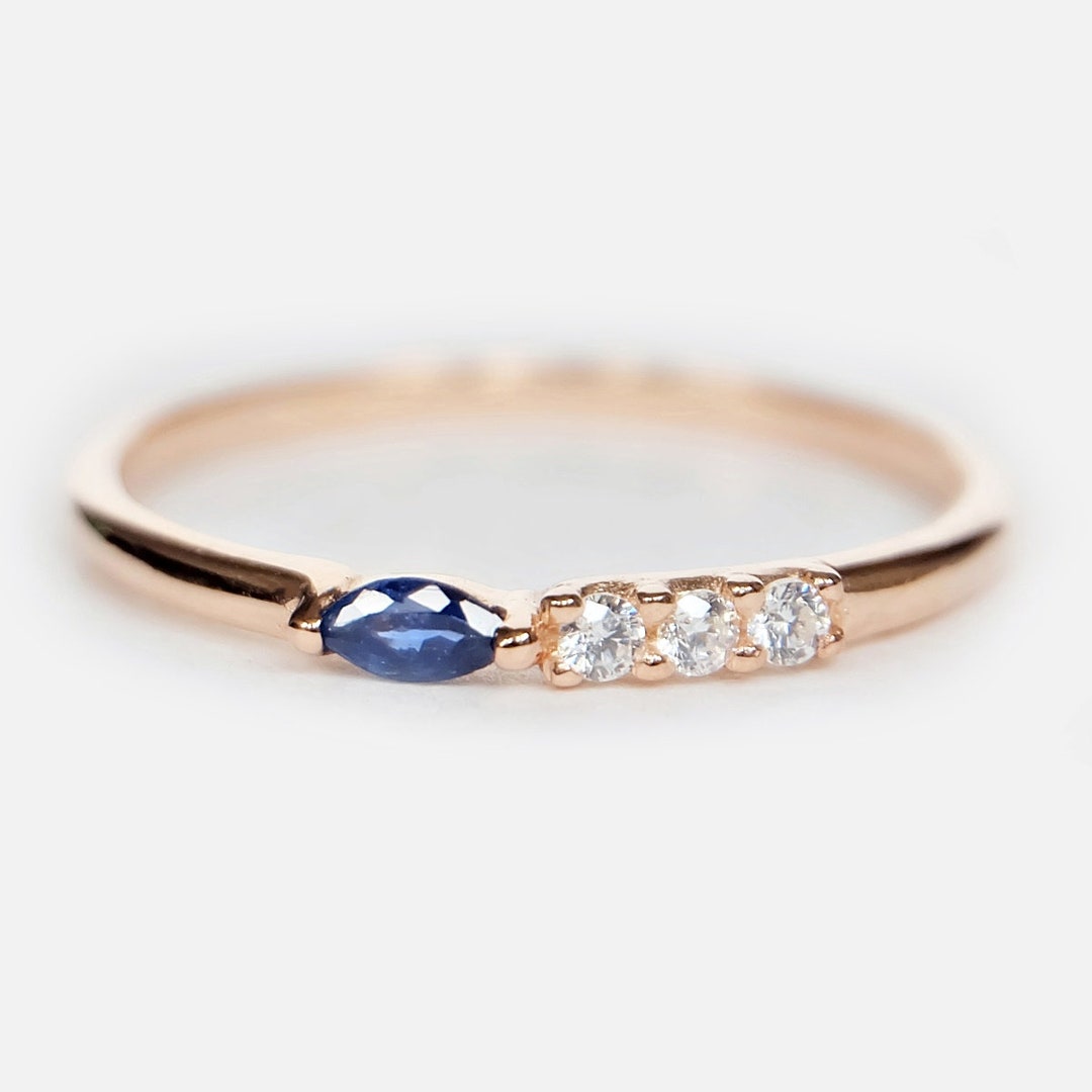 14K Rose Gold Sapphire Ring, Marquise Blue Sapphire and Diamond Ring, Minimalist Stacking Ring ...