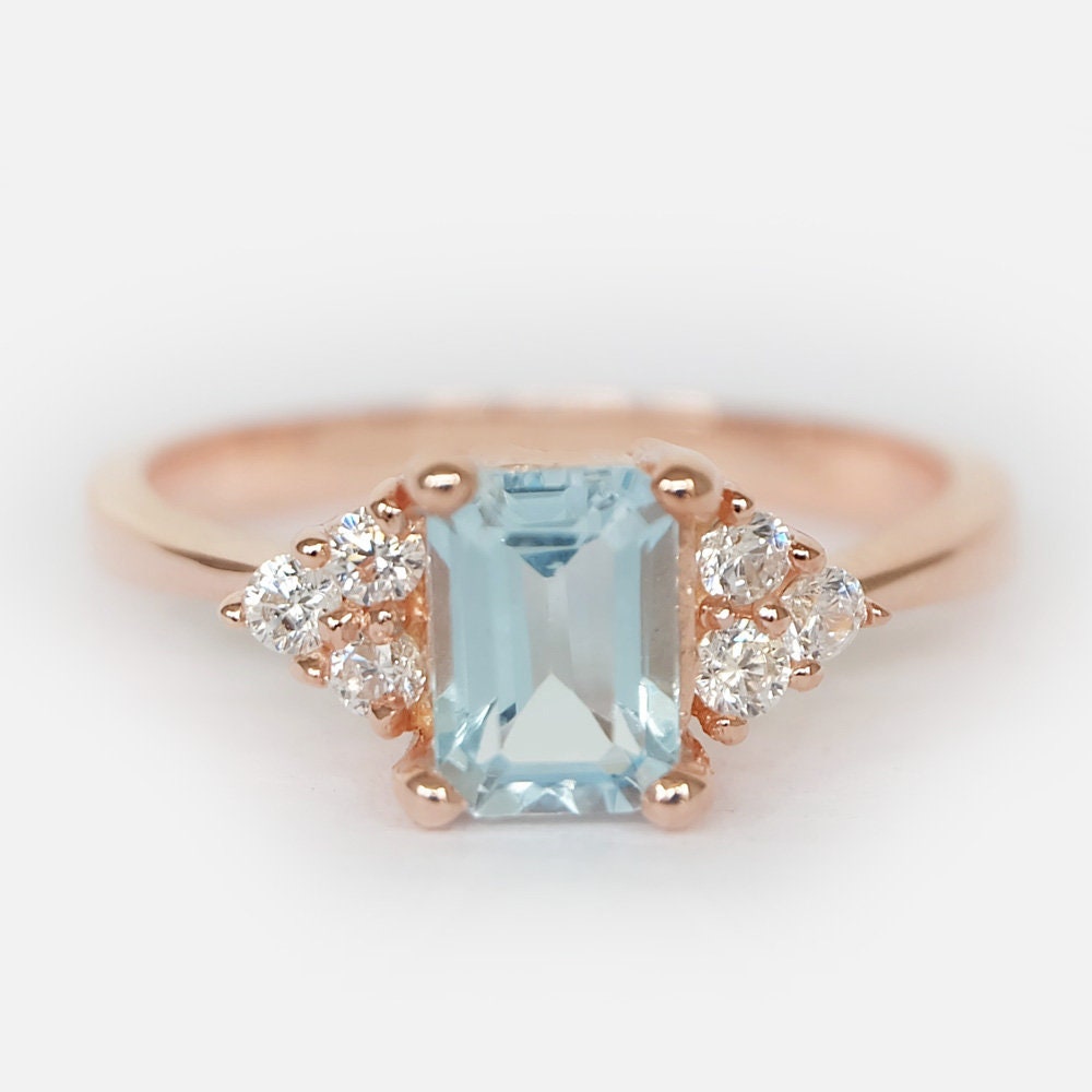 Aquamarine ring emerald cut aquamarine diamond engagement | Etsy